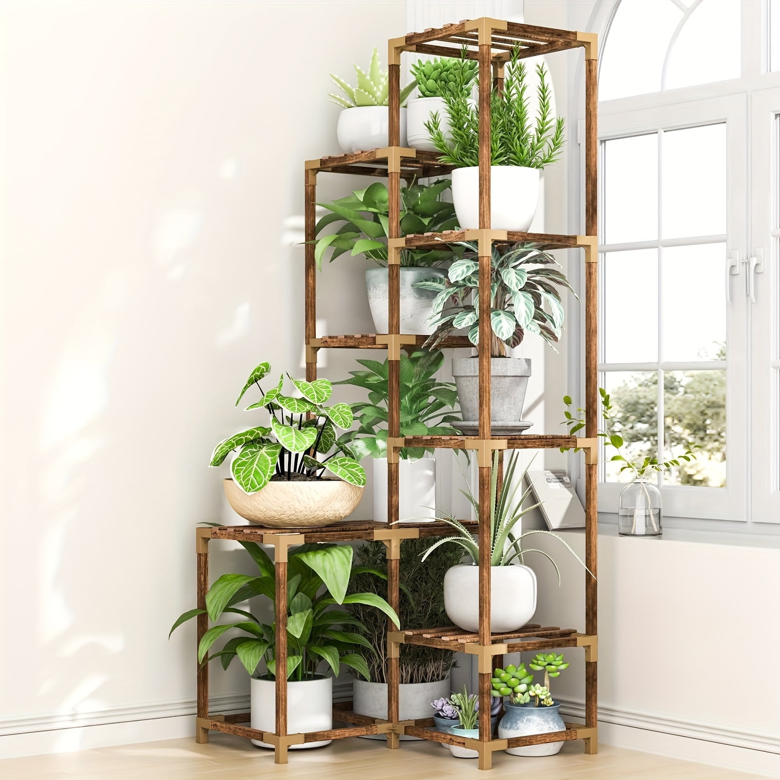 Hansabenne Multi-Tier Corner Plant Stand, Wooden Indoor Outdoor Plant ...