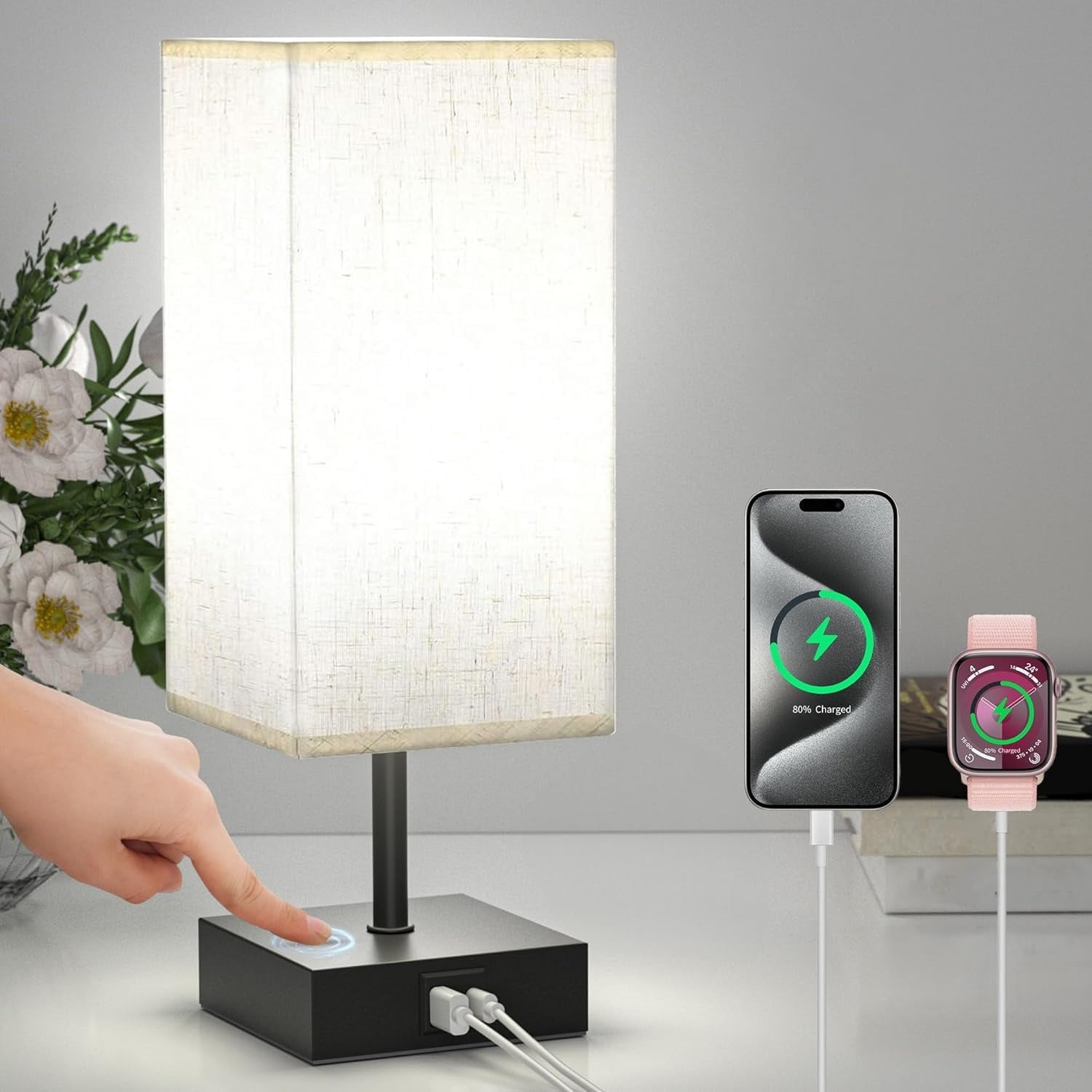 Hansang Beige Bedside Lamp with USB Port and Outlet, 3 Way Dimmable ...