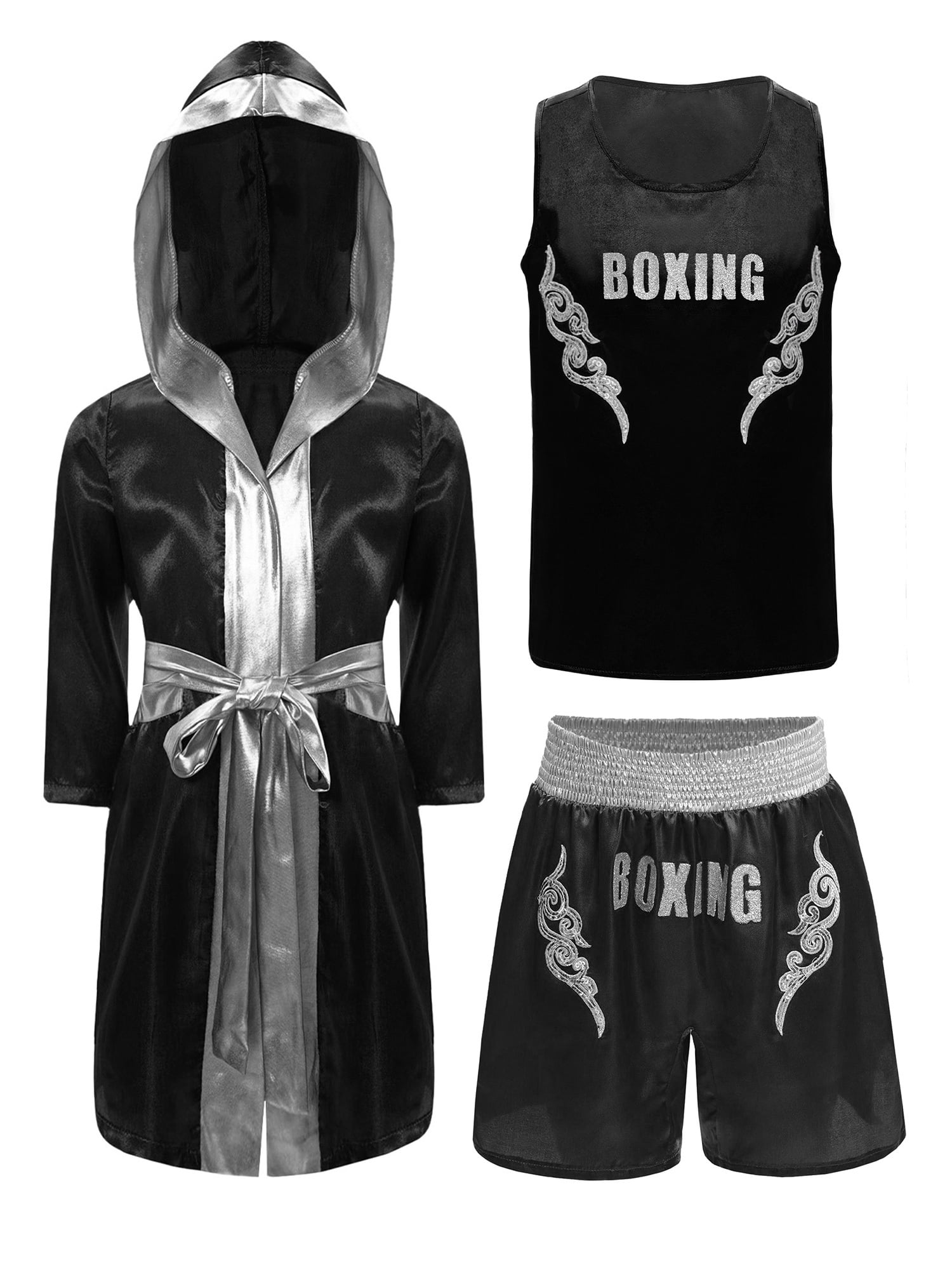 Hansber 3 Piece Kids Boys Shiny Boxing Costume Satin Cloak Robe and ...
