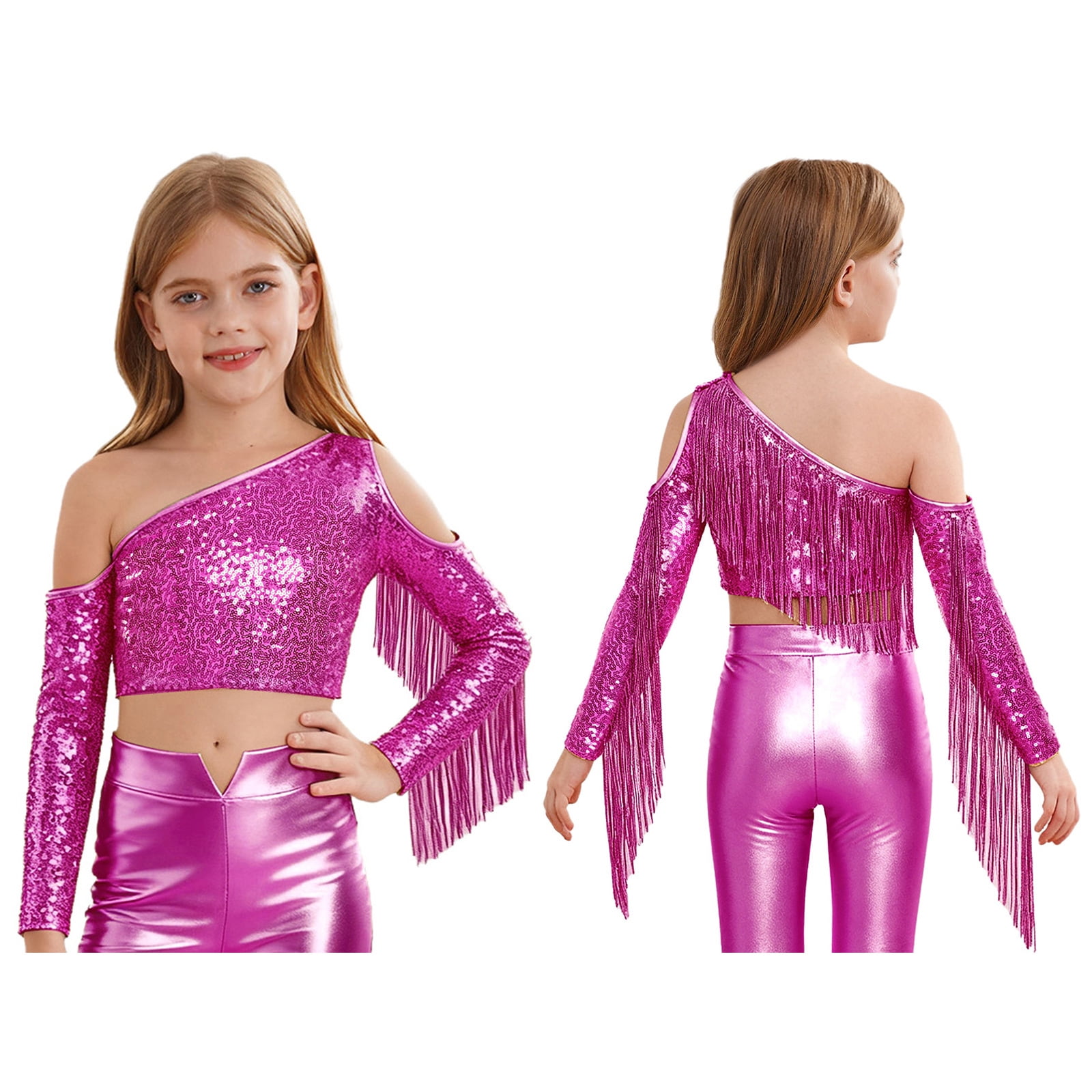 Hansber Girl's Jazz Hip Hop Dance Crop Top Long Sleeve Tassels Cold ...