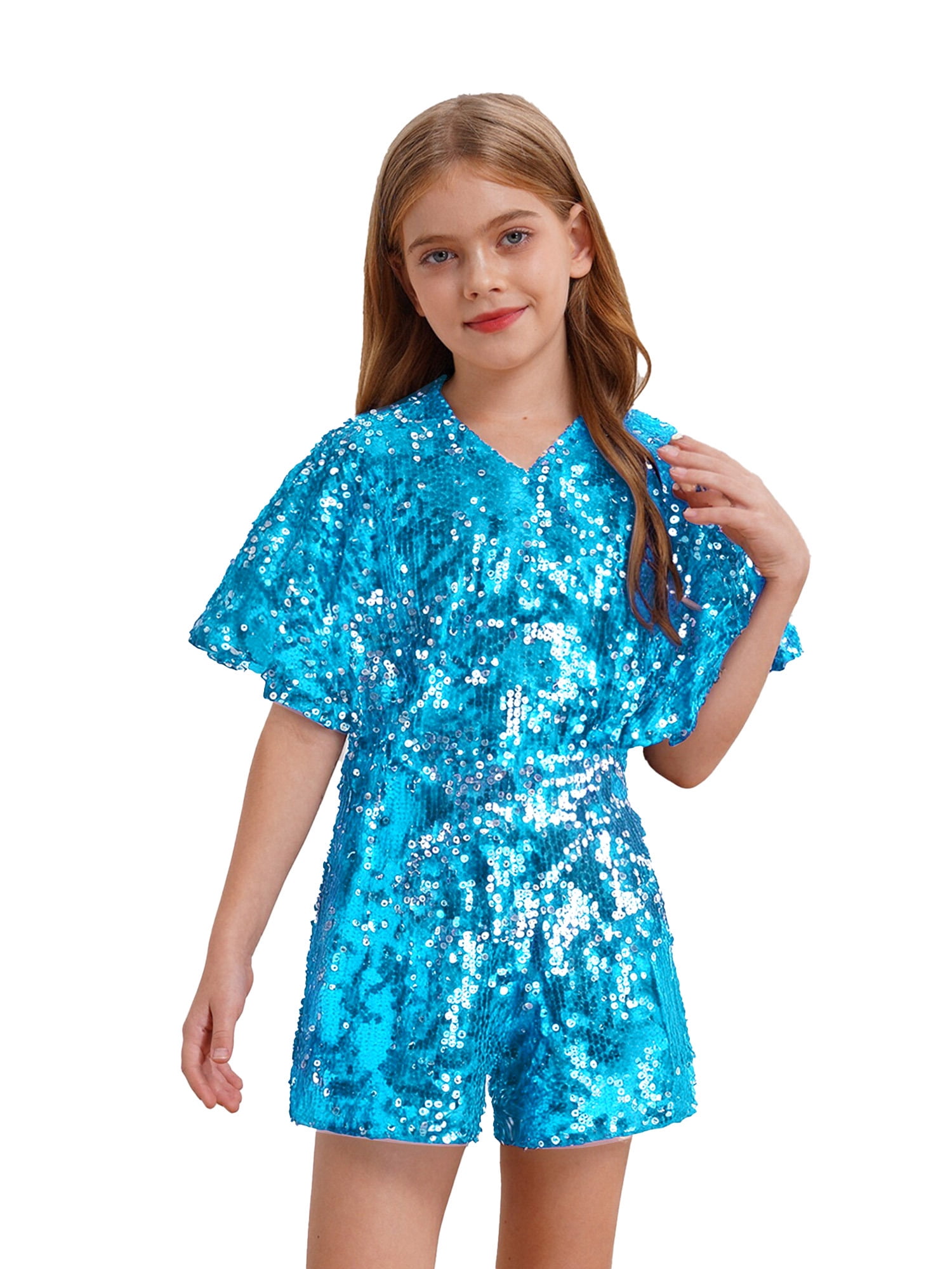 Hansber Girls Sequin Jumpsuit Short Batwing Sleeves Pageant Party ...