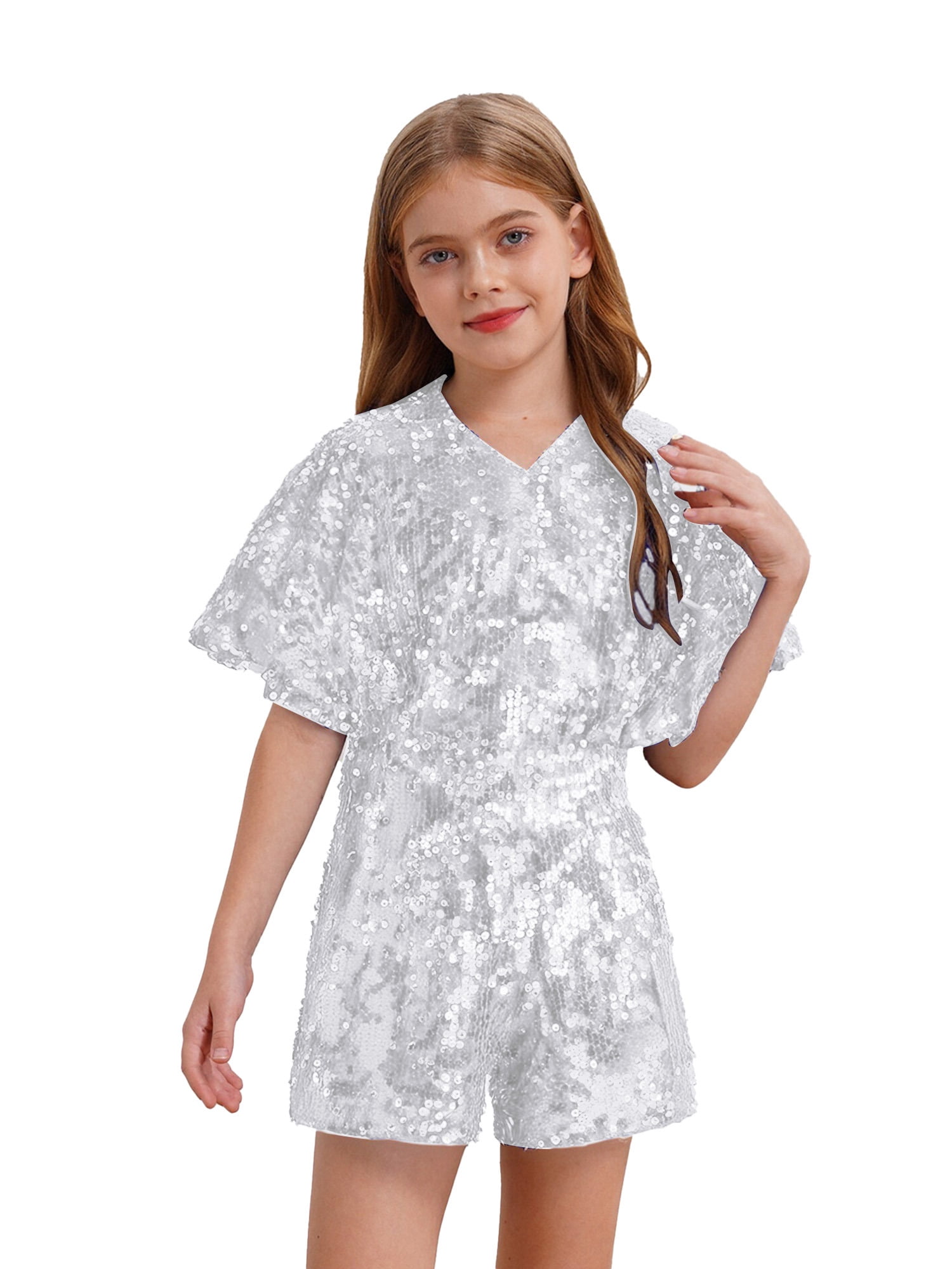 Hansber Girls Sequin Jumpsuit Short Batwing Sleeves Pageant Party ...