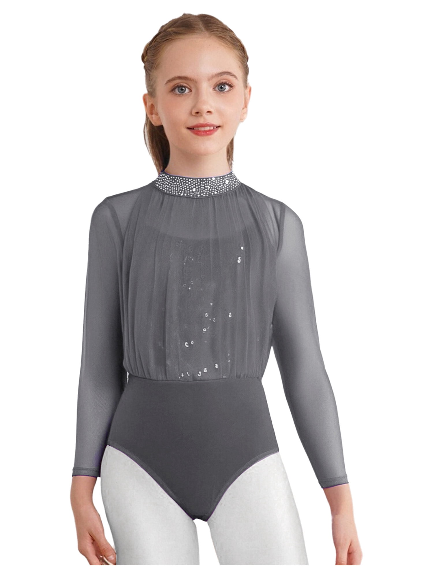 Hansber Gymnastics Leotards fort Girls Mesh Sheer Long Sleeve Sparkle ...