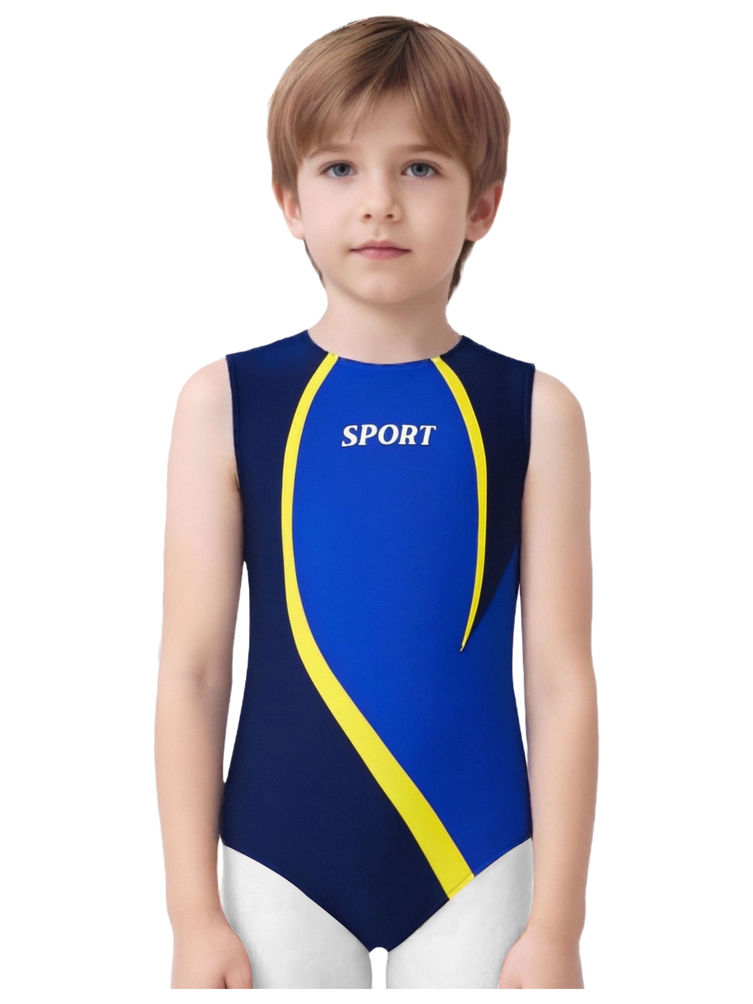 Hansber Kids Boys Sleeveless Color Block Letter Print Sports Athletic Biketard Gymnastics ...