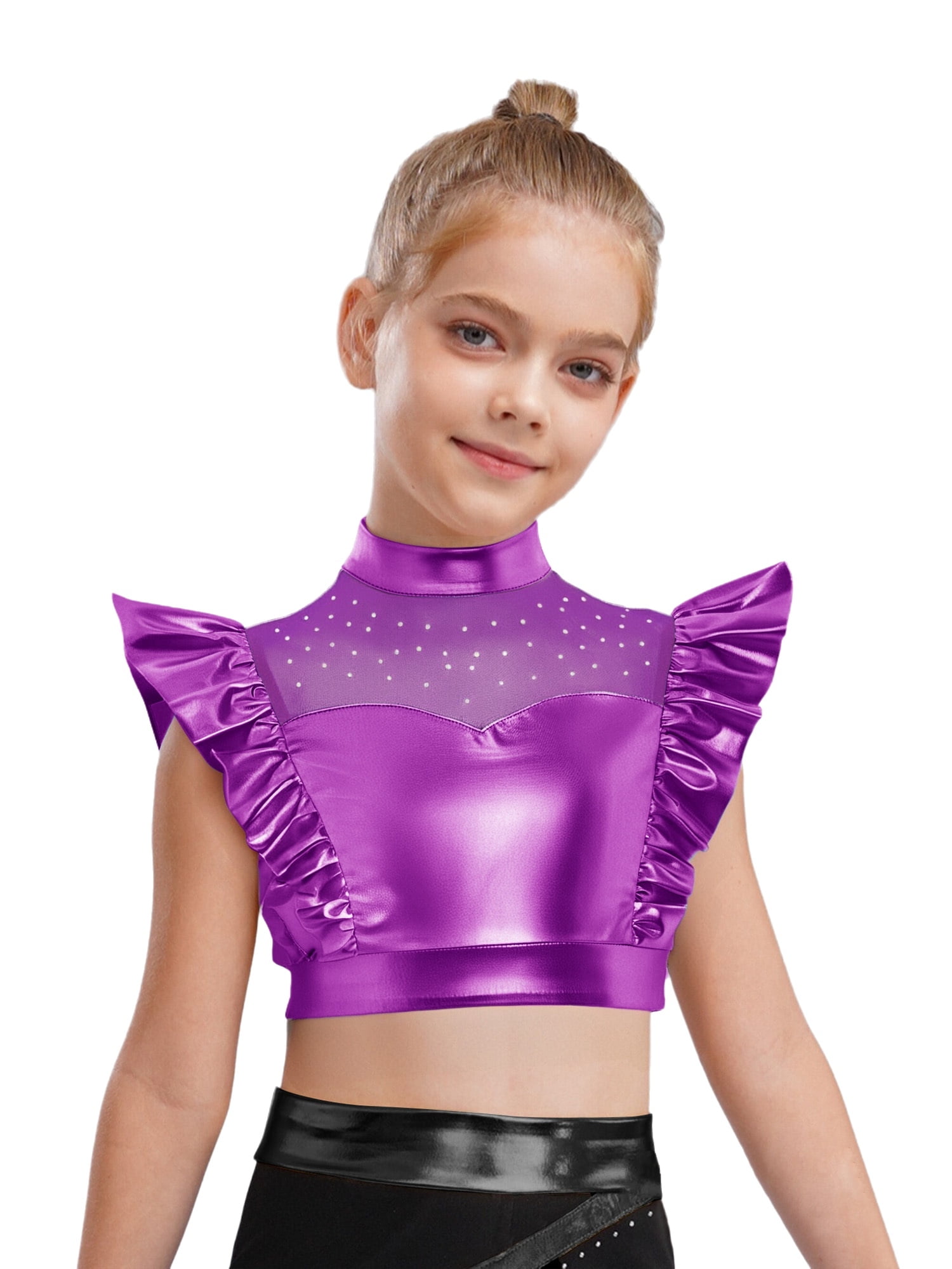 Hansber Kids Girls Crop Top Sleeveless Ruffles Rhinestone Mesh Shiny ...