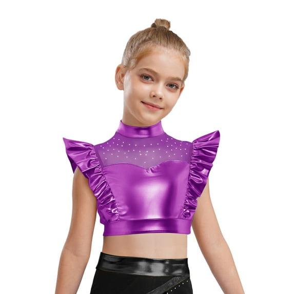 Hansber Kids Girls Crop Top Sleeveless Ruffles Rhinestone Mesh Shiny ...