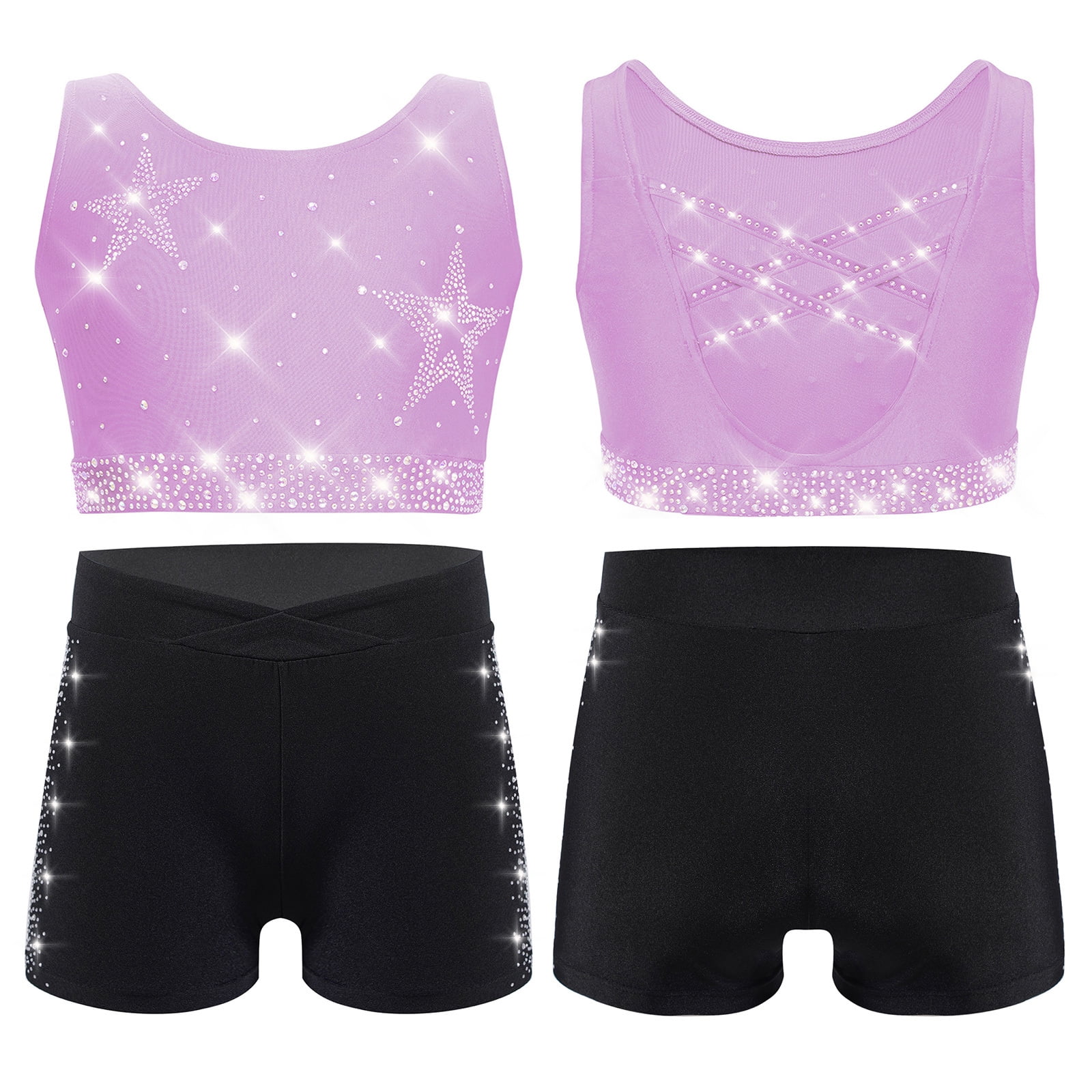 Hansber Kids Girls Gymnastics Outfits Sparkle Star Rhinestones Crop Top ...