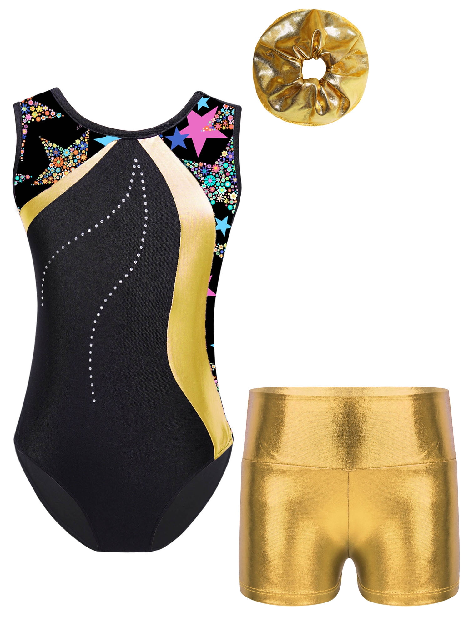Hansber Kids Girls Gymnastics Training Leotard with Metallic Shorts Set ...
