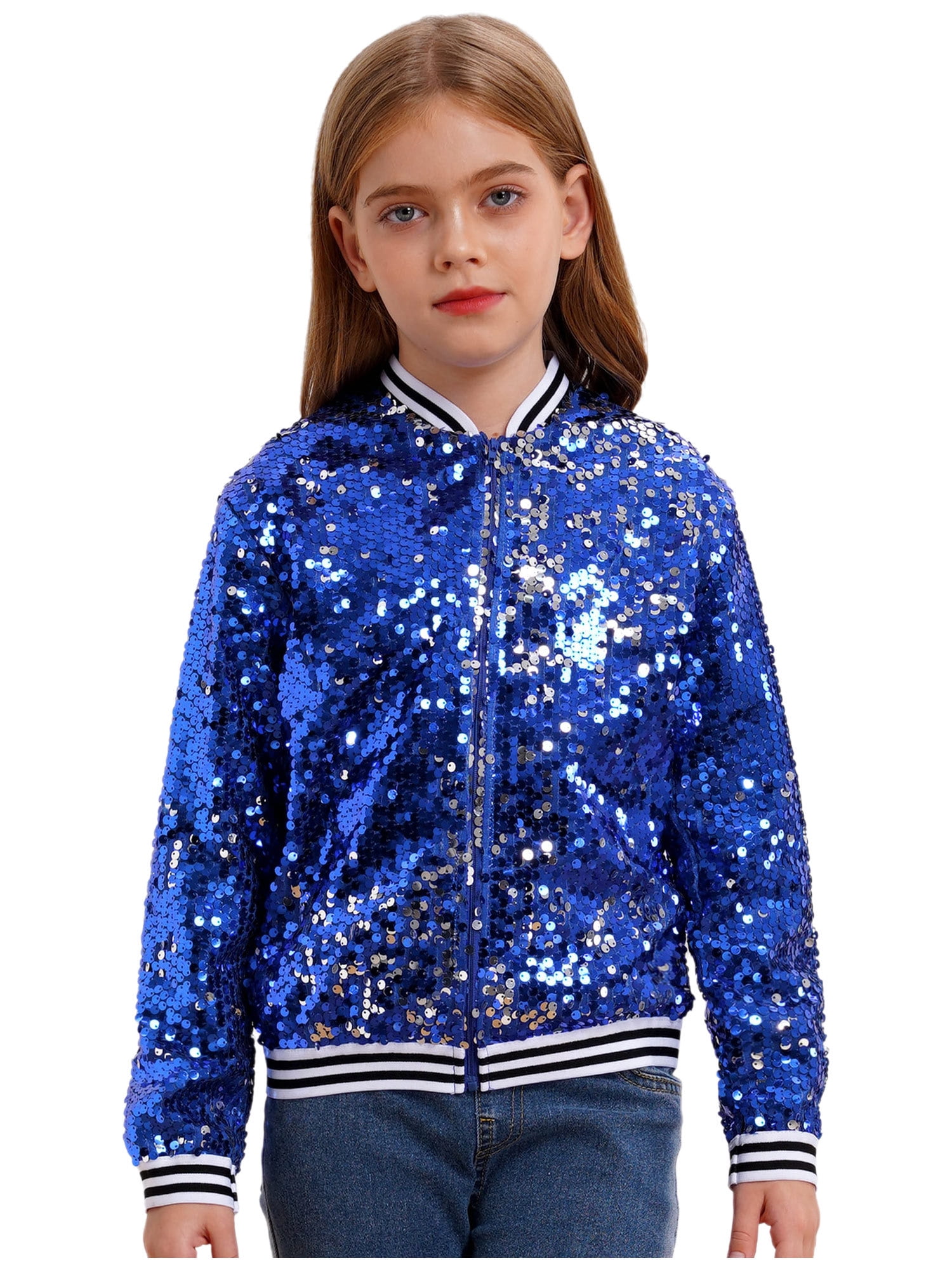 Hansber Kids Girls Long Sleeve Sequins Jackets Baseball Coat Sparkly ...