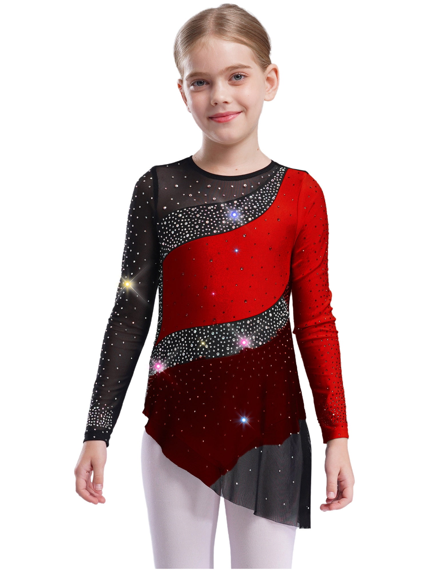 Hansber Kids Girls Long Sleeve Shiny Rhinestone Color Block Rhythmic ...
