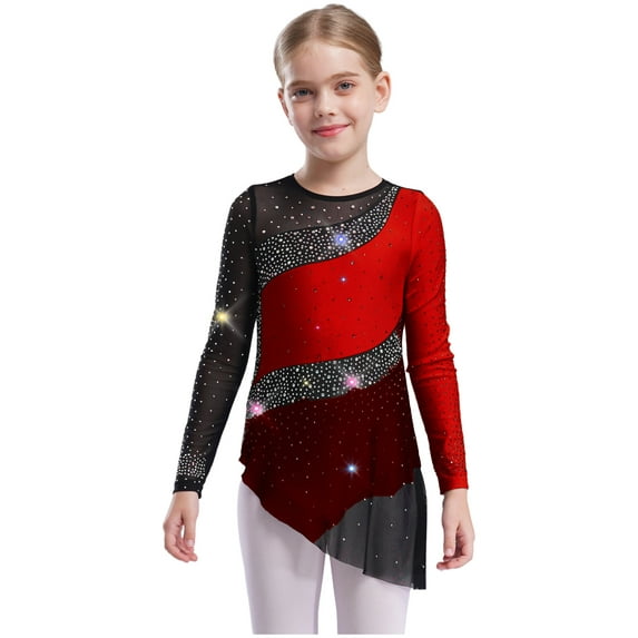 Hansber Kids Girls Long Sleeve Shiny Rhinestone Color Block Rhythmic ...