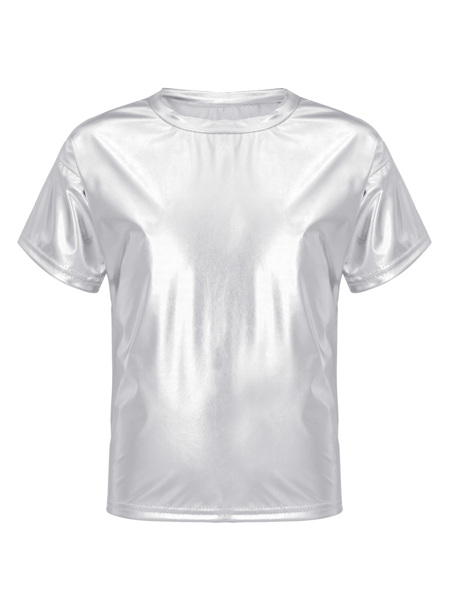 Hansber Kids Girls Shiny Metallic Crop Tops Dancewear Short Sleeves ...
