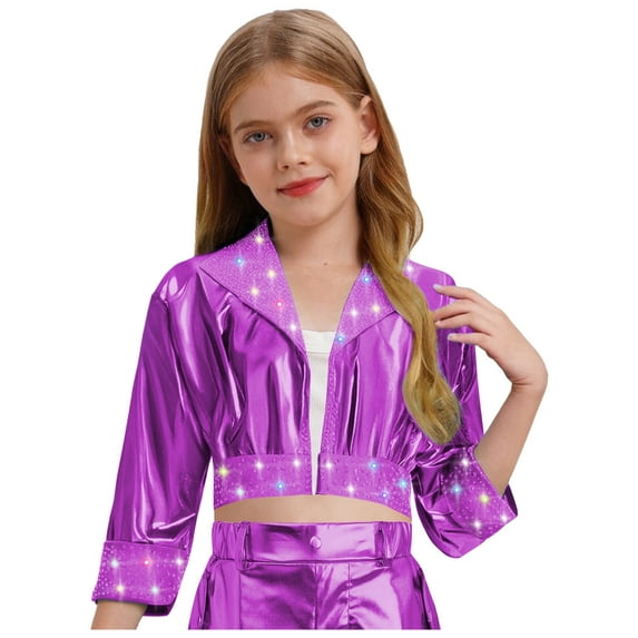 Hansber Kids Girls Shiny Metallic Long Sleeve Jacket Hip Hop Jazz Dance ...