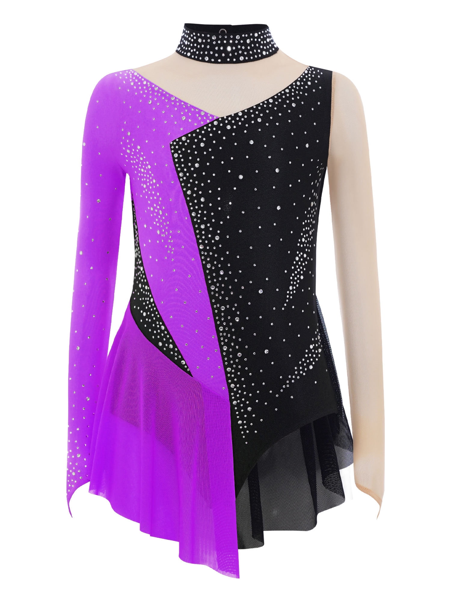 Hansber Kids Girls Shiny Rhinestone Figure Ice Skating Dress Long ...