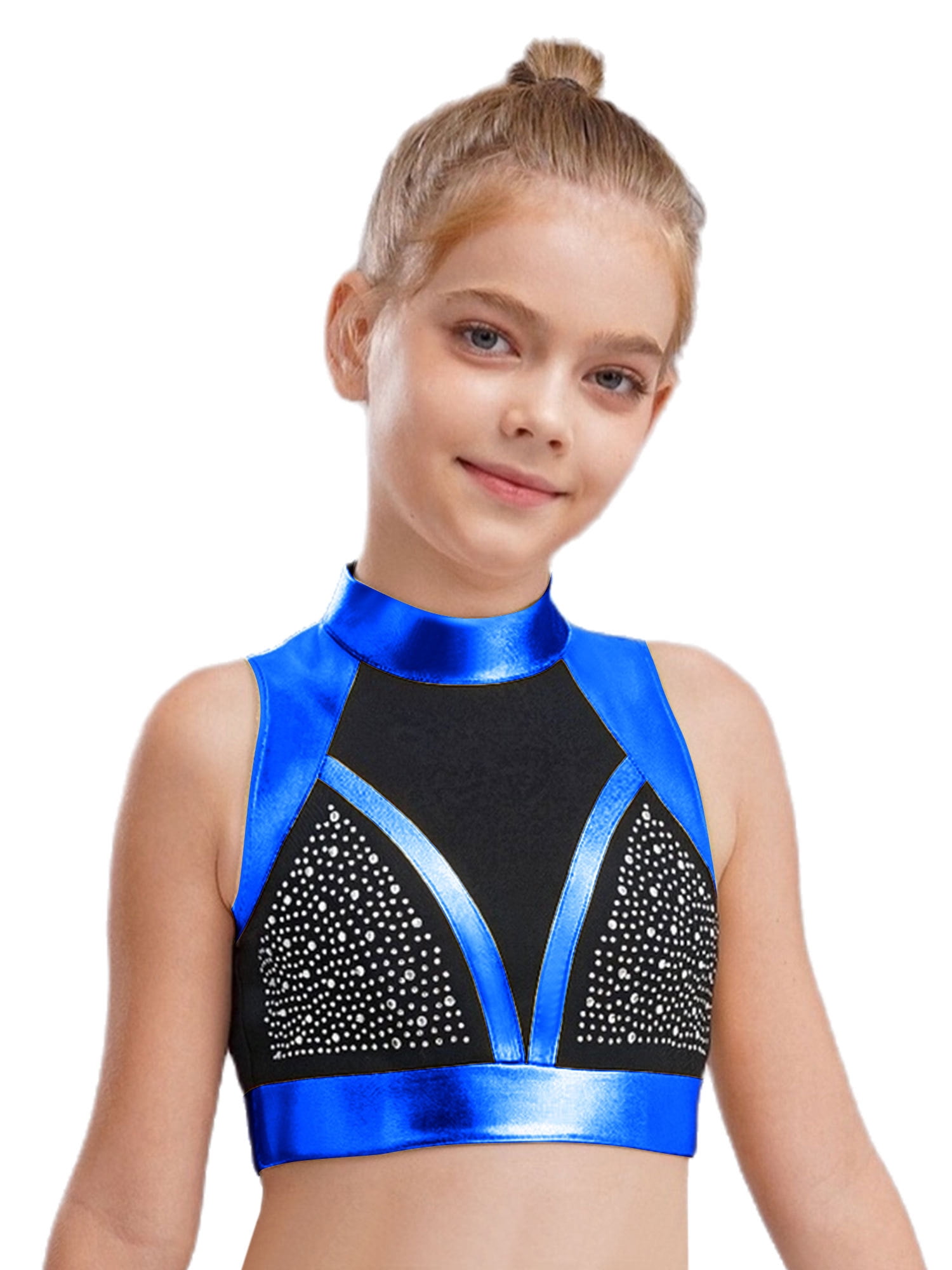Hansber Kids Girls Turtleneck Glossy Metallic Color Block Ballet Dance ...