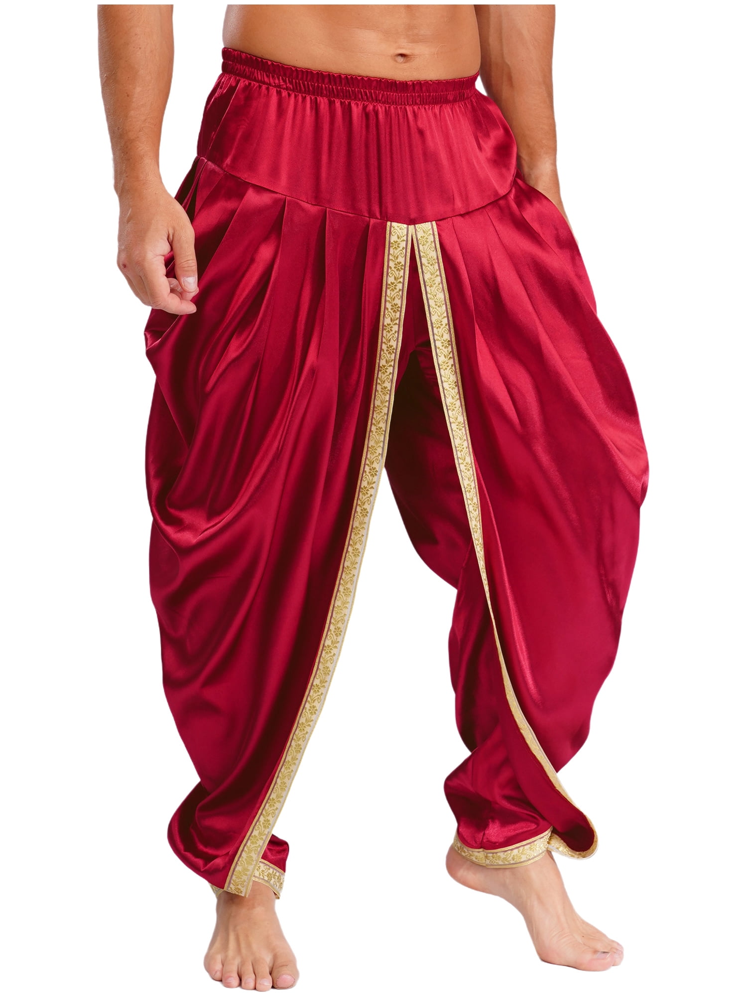 Hansber Men India Satin Dhoti Pants Ruffle Elastic Waistband Draped ...