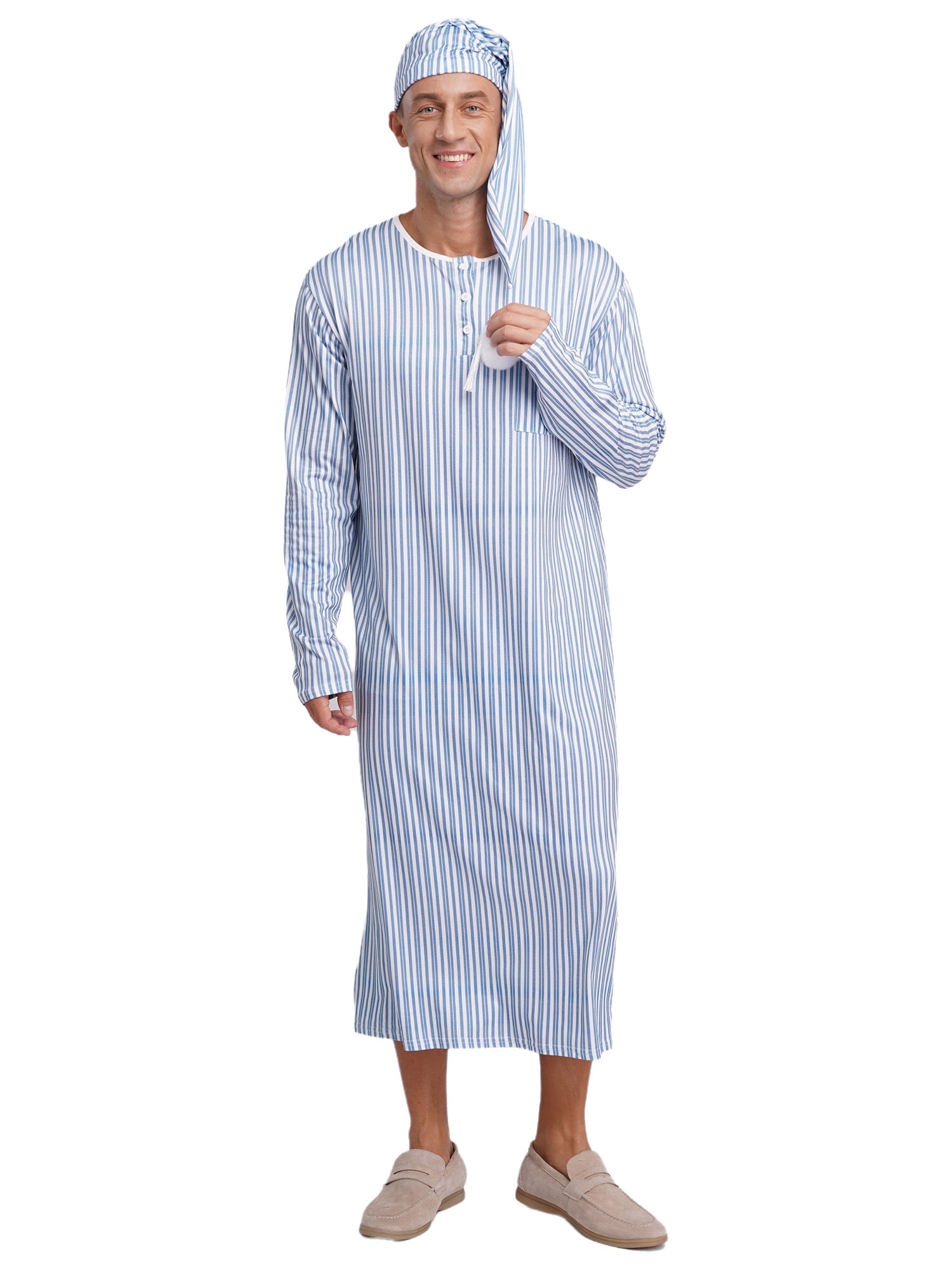 Hansber Men's Soft Striped Nightgown Robe with Sleeping Cap Kaftan ...