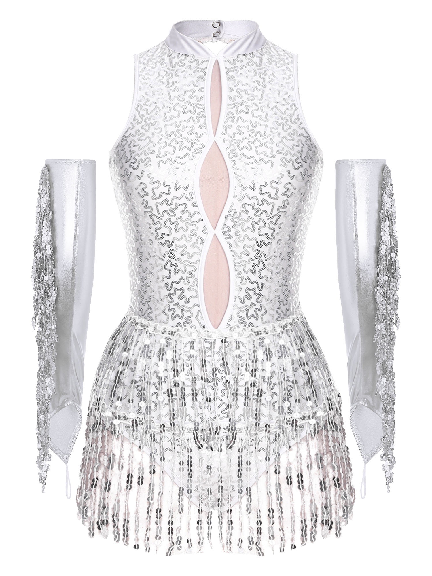 Hansber Women Glittery Jazz Latin Dance Leotard Keyhole Backless Tassel ...