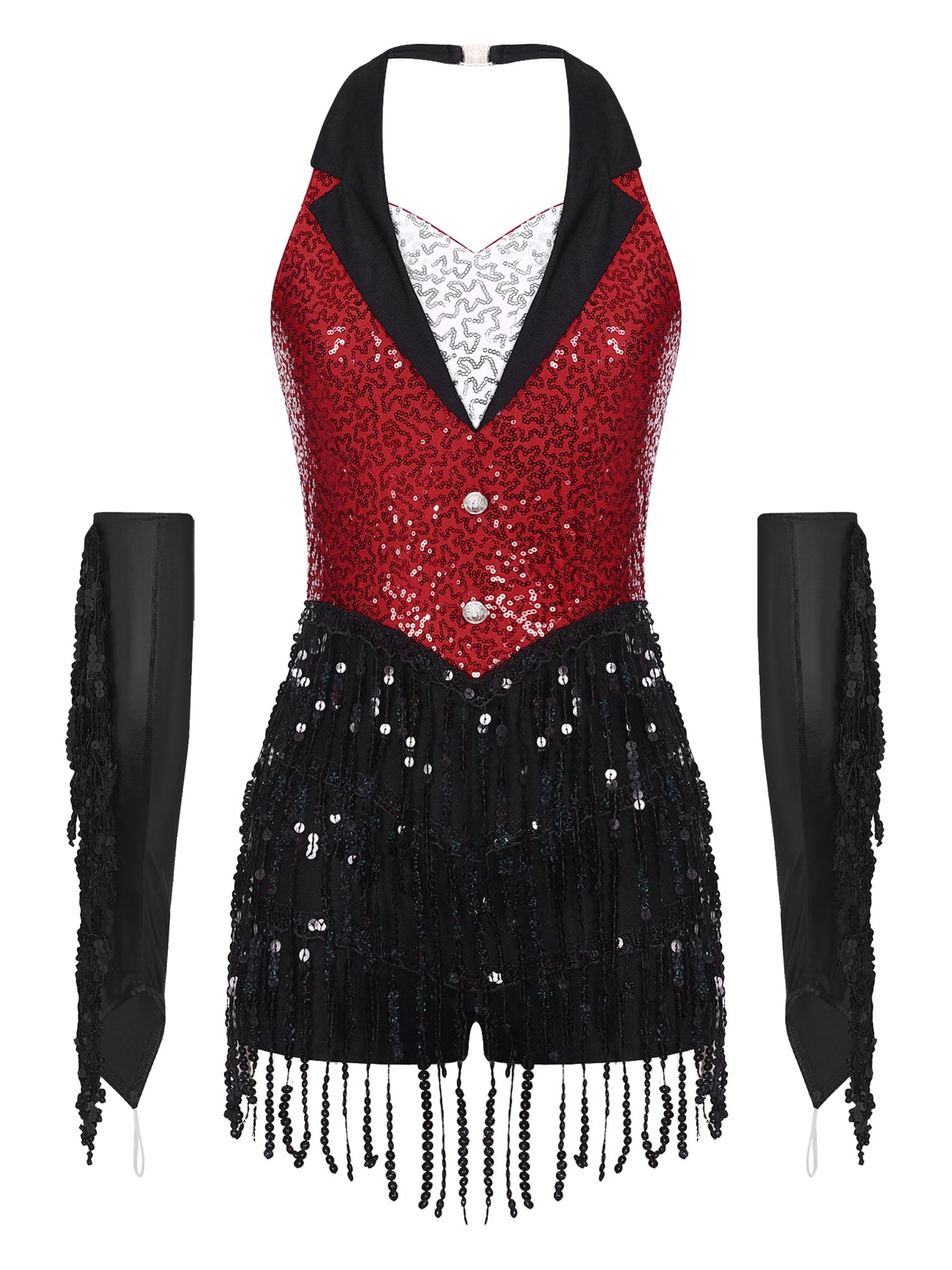 Hansber Women Jazz Latin Dance Outfit Sparkly Sequins Fringe Samba Cha ...