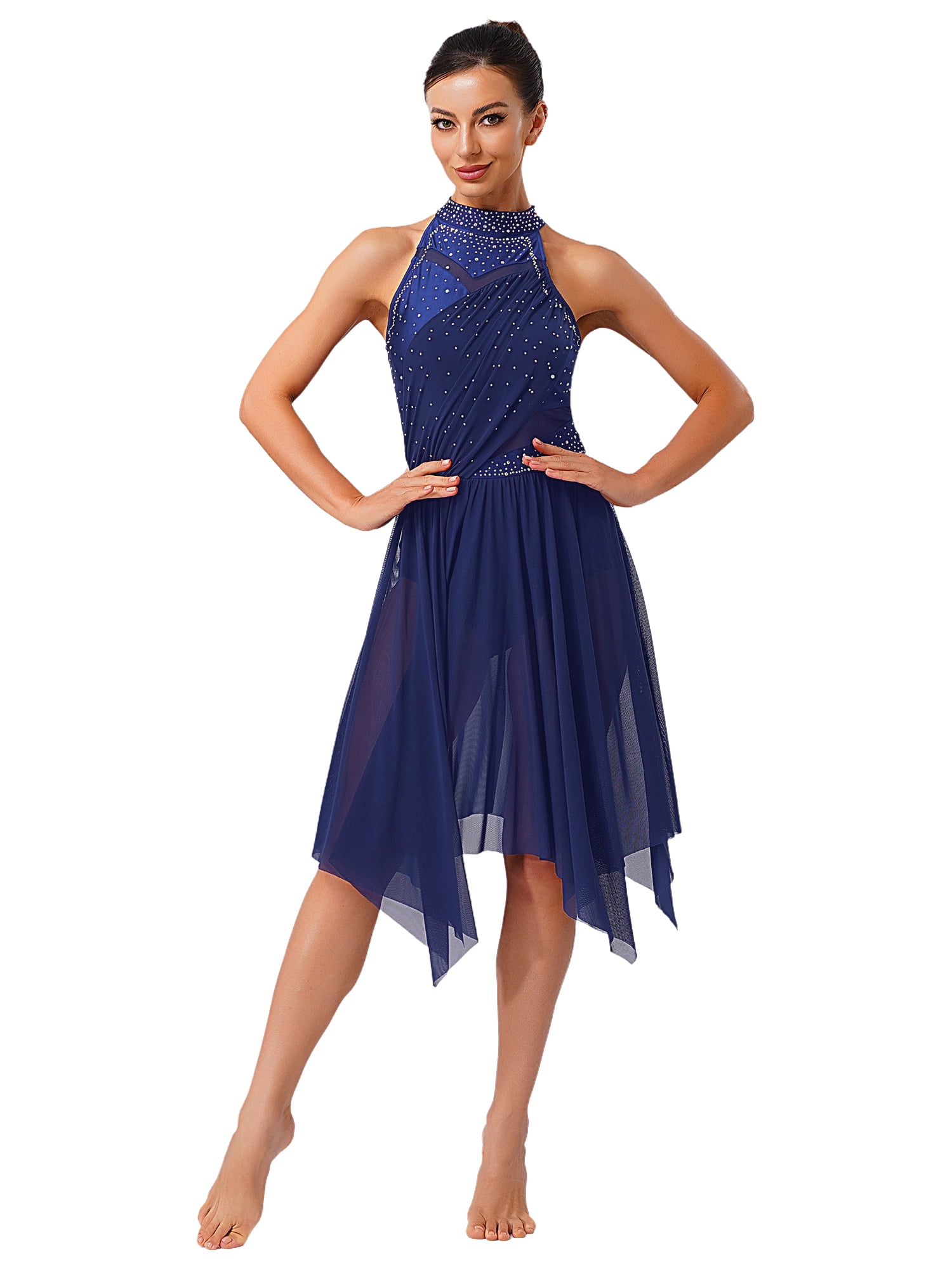 Hansber Women Sparkly Rhinestone Lyrical Ballet Dance Dress Irregular ...