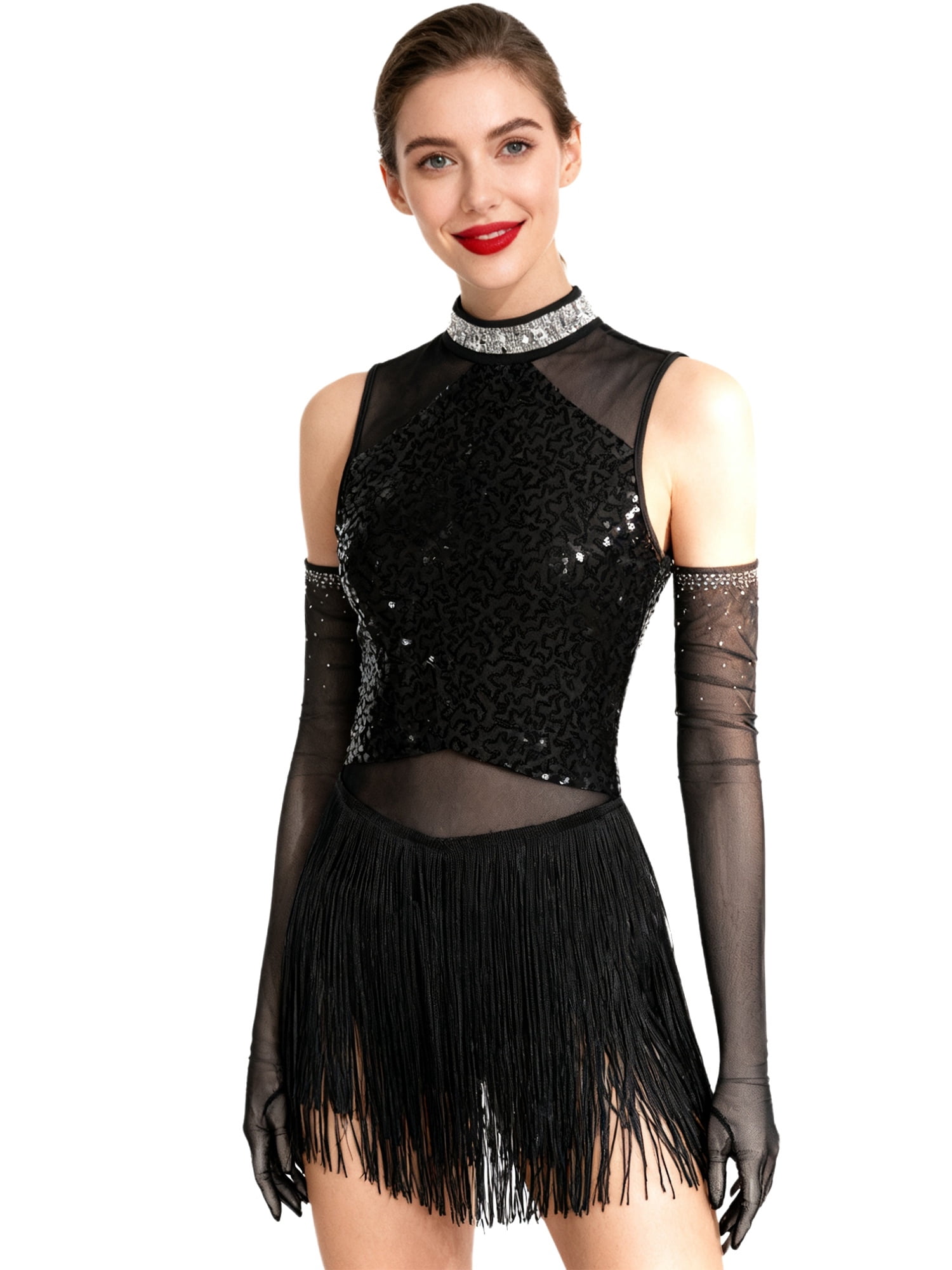 Hansber Women's 2Pcs Tassels Latin Dance Dress Fringed Leotard with ...