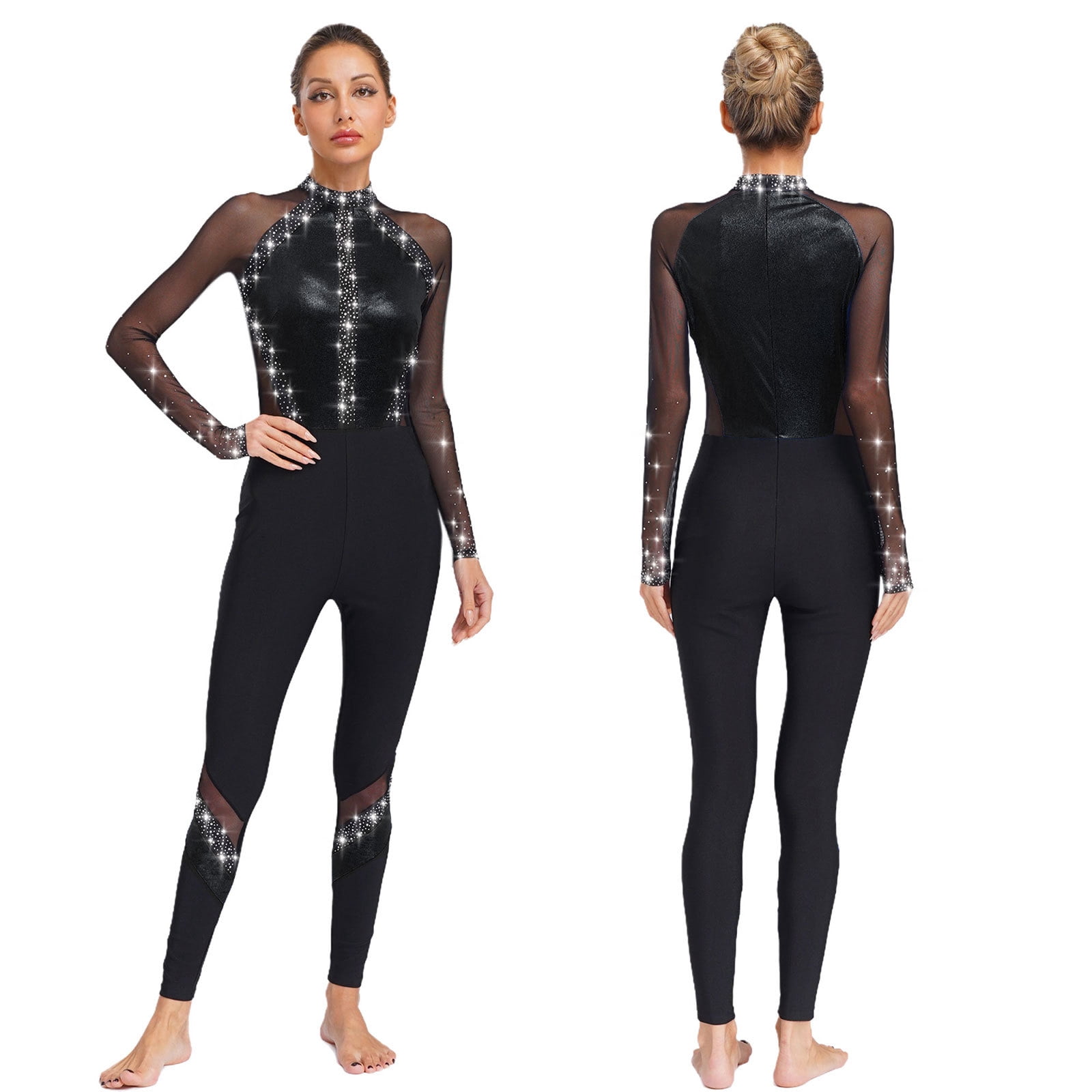 Hansber Women's Mesh Long Sleeves Gymnastics Dance Leotard Color Block ...