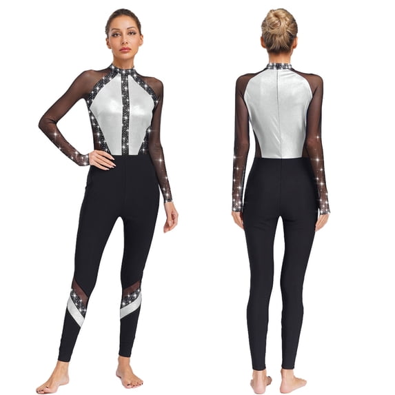 Hansber Women's Mesh Long Sleeves Gymnastics Dance Leotard Color Block ...