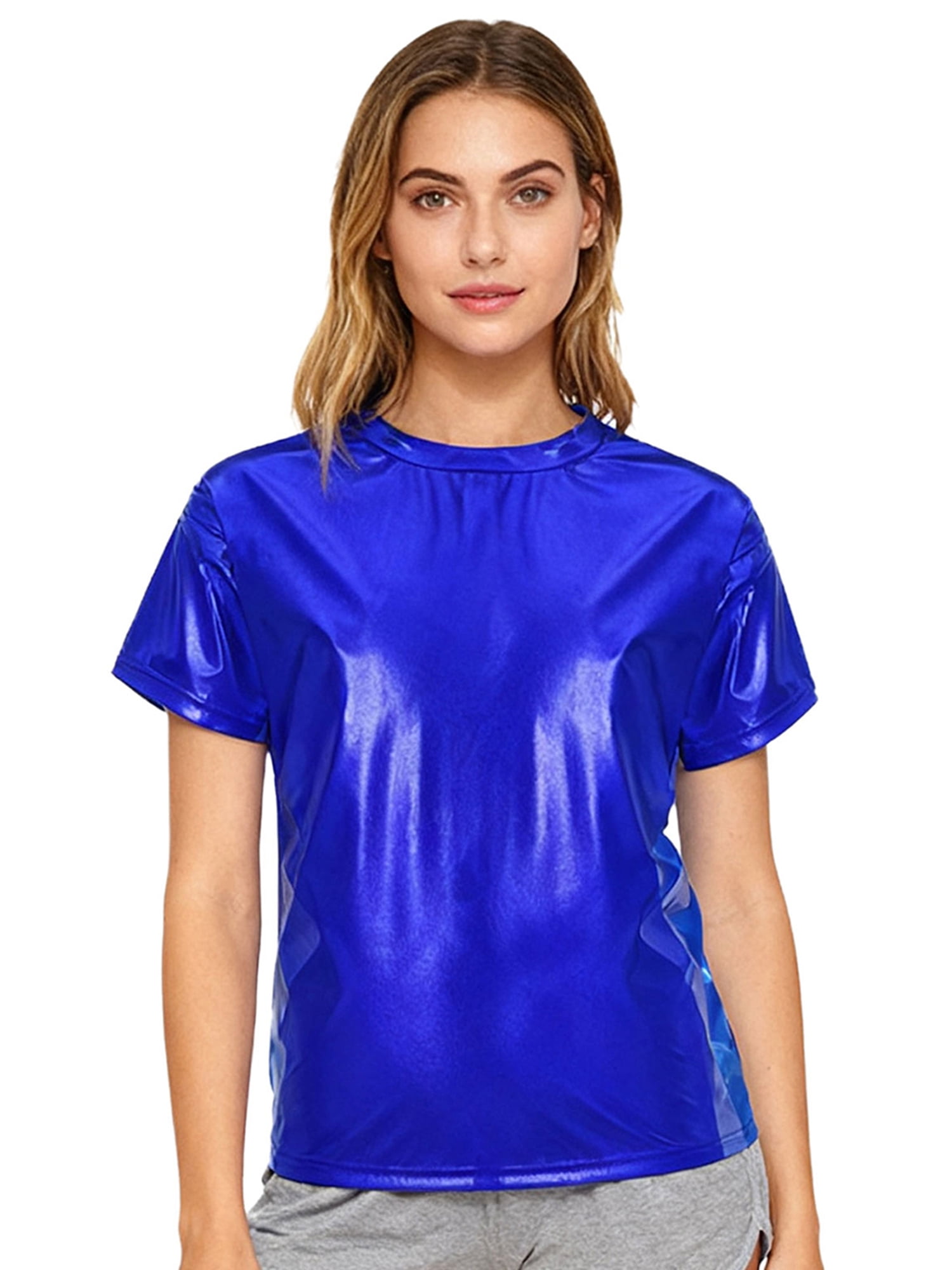 Hansber Women's Shiny Metallic Short Sleeve T-shirts Jazz Hip Hop Dance ...