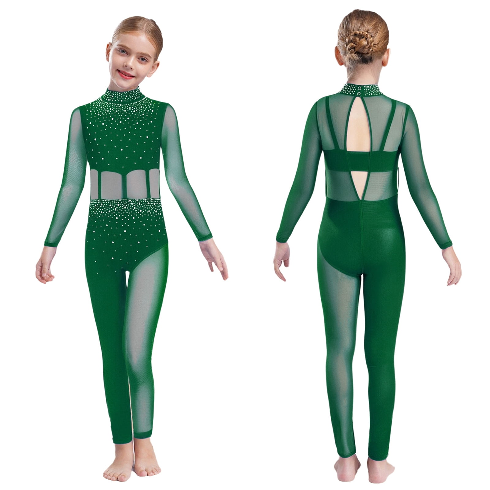 Hansber Youth Girls Mesh Splice Figure Skating Leotard Full Body Dance ...