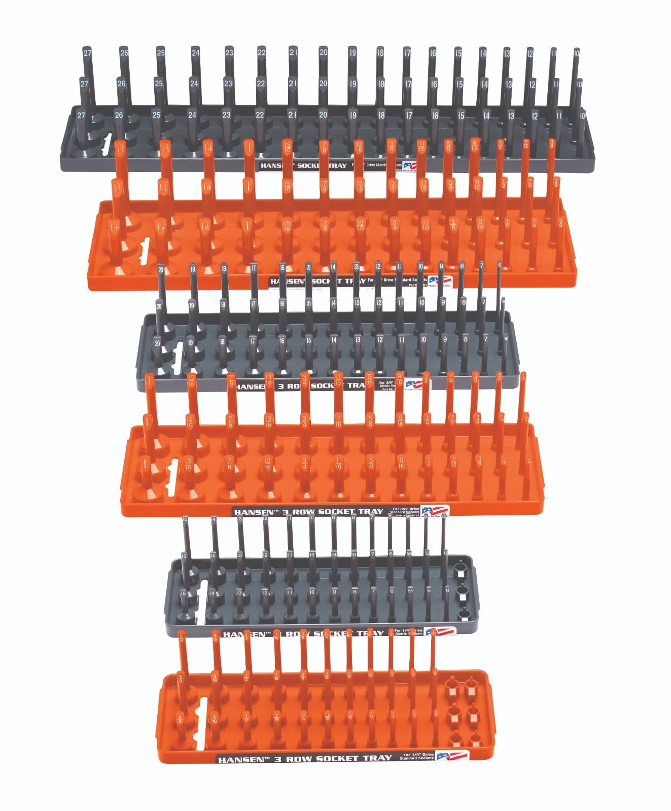 Hansen 3 Row Socket Organizers|Tool Tray Holders|1/4" 3/8" 1/2"|Orange ...
