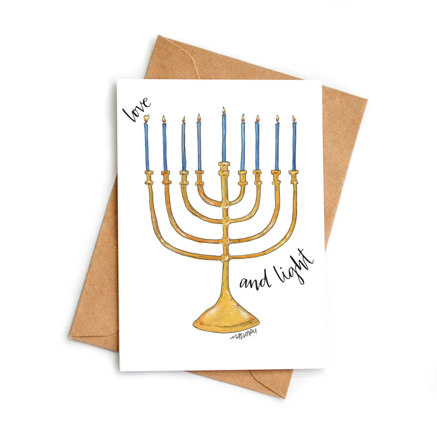 Hanukkah Card - "Love and Light" Menorah Design with Envelope - Blank ...