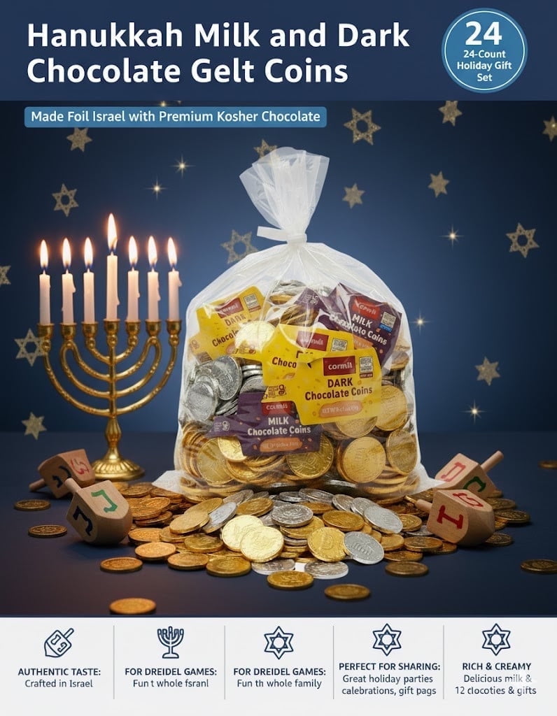 Hanukkah Chocolate Gelt Coins, Milk and Dark Variety Pack, 24 Mesh Bags ...