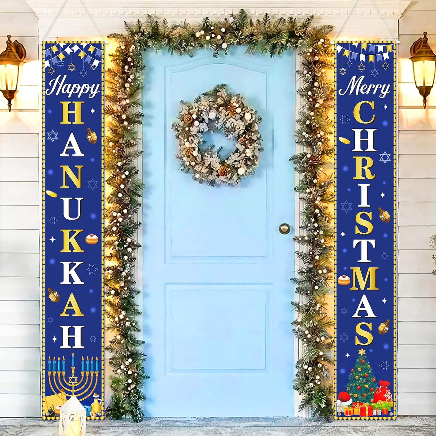Hanukkah Christmas Porch Banner Sign Decorations, 2PCS Blue Happy ...