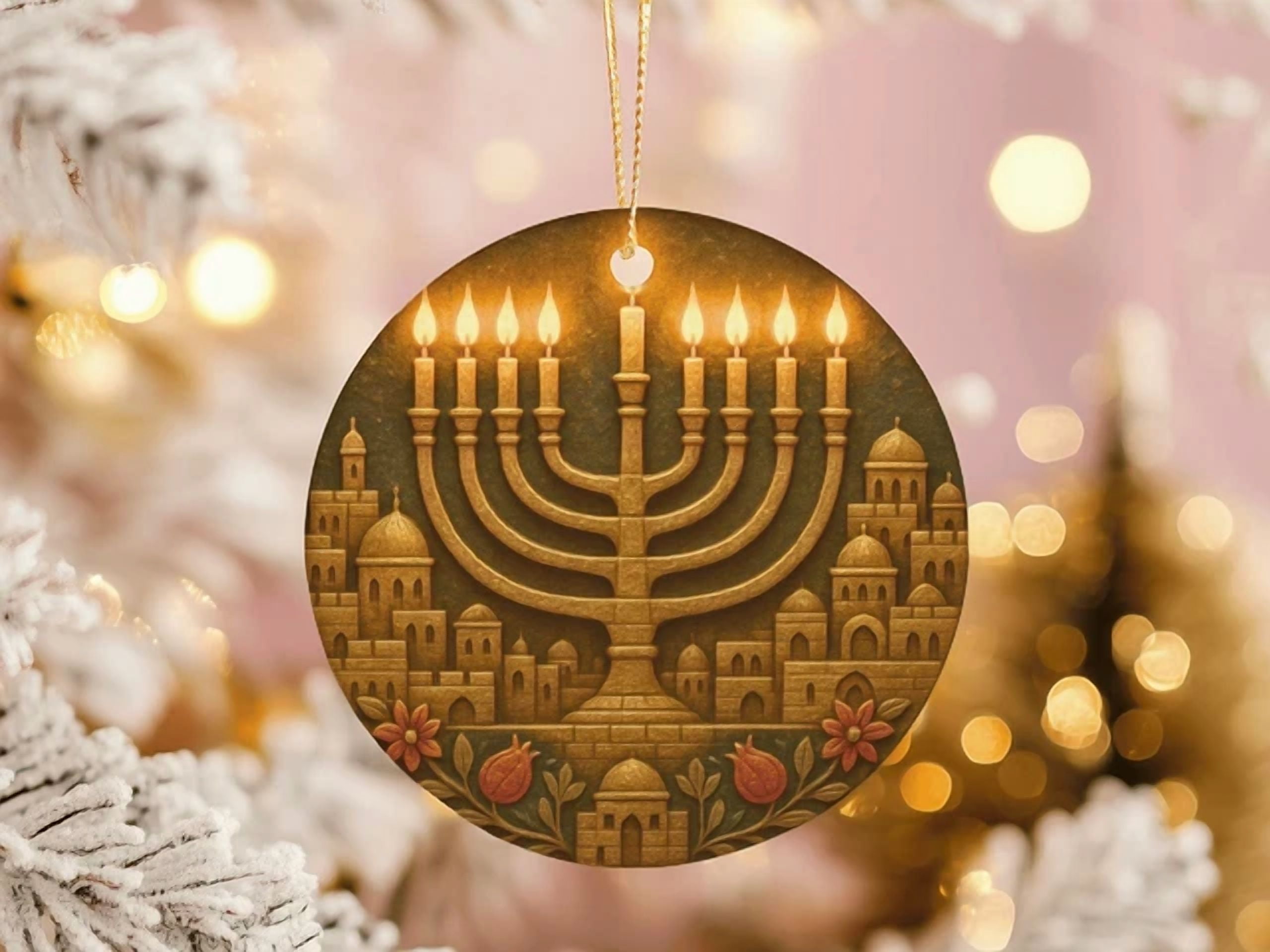 Hanukkah Hanukiah Ceramic Ornament Golden Jerusalem Judaica Festive ...