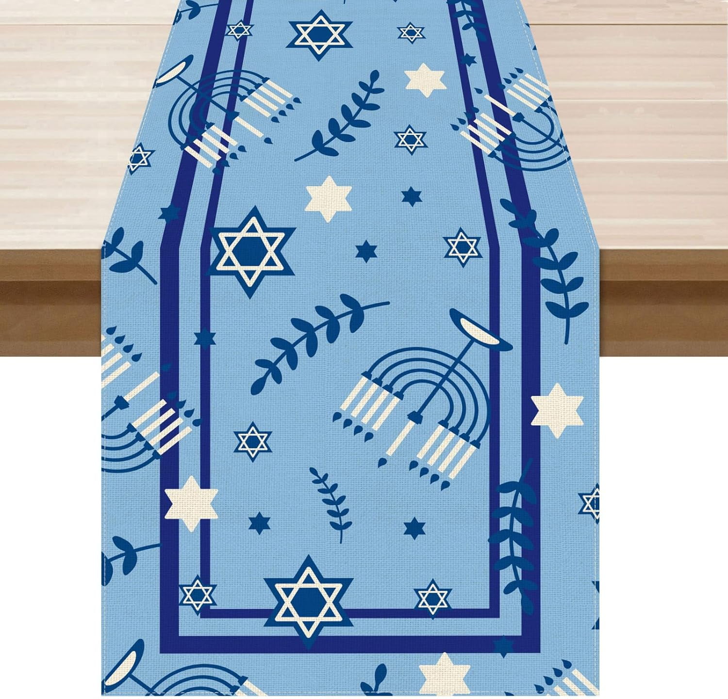 Hanukkah Six-Pointed Star Blue Olive Leaf Chanukah Menorah Table Runner ...