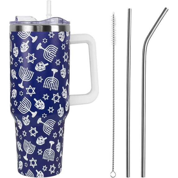 Hanukkah Tumbler with Handle and Straw Lid 40 oz,Cute Blue Merry Xmas ...