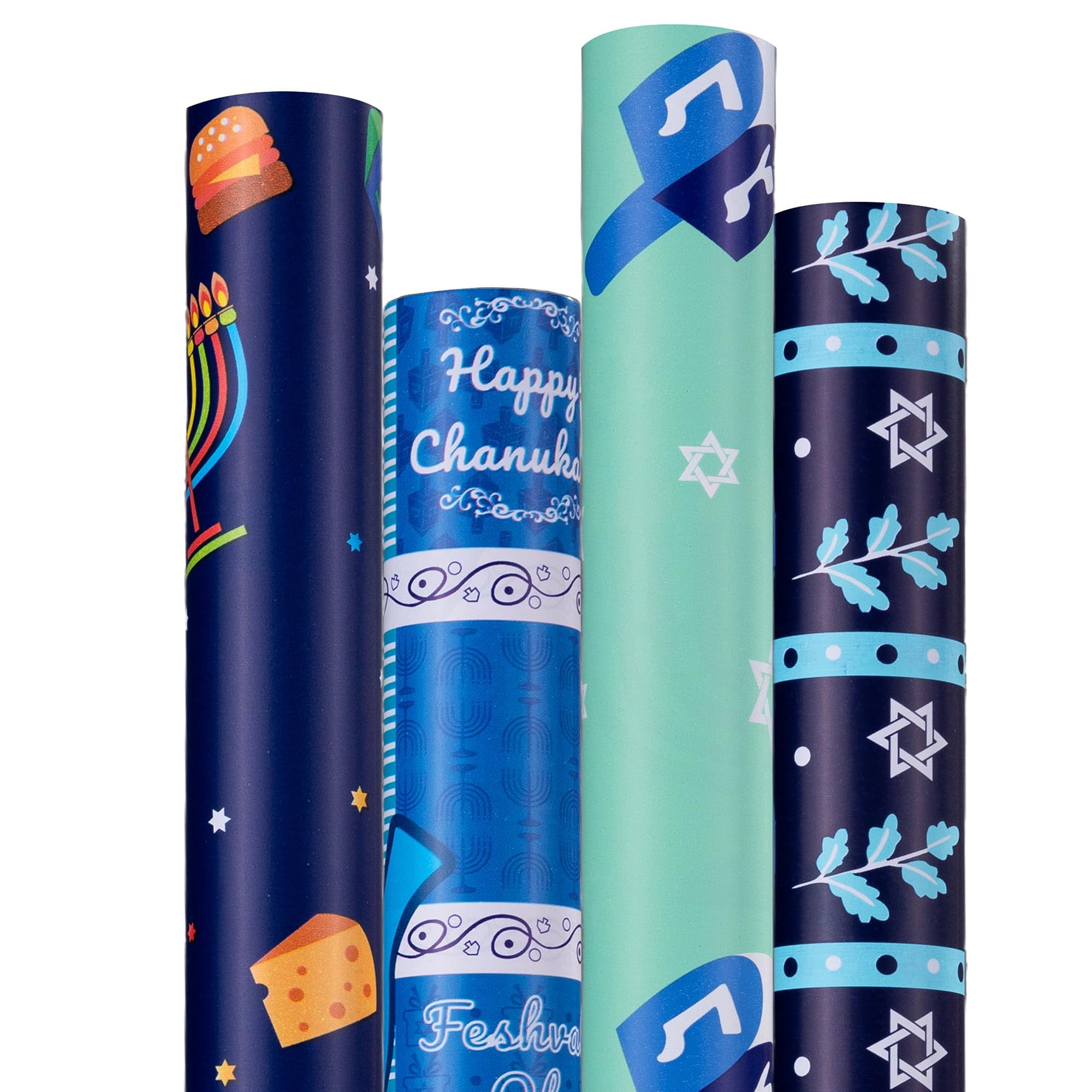 Hanukkah Wrapping Paper (4 Rolls, 93 sq. ft. ttl) Menorahs, Dreidels ...