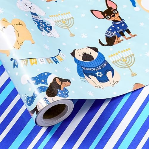 Hanukkah Wrapping Paper Roll, Cute Holiday Dog Print & Blue Stripes ...