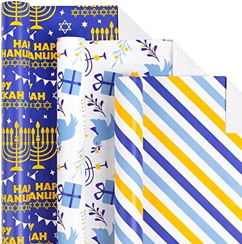 Hanukkah Wrapping Paper Roll - Mini Roll - Menorah, Hexagram with Happy ...