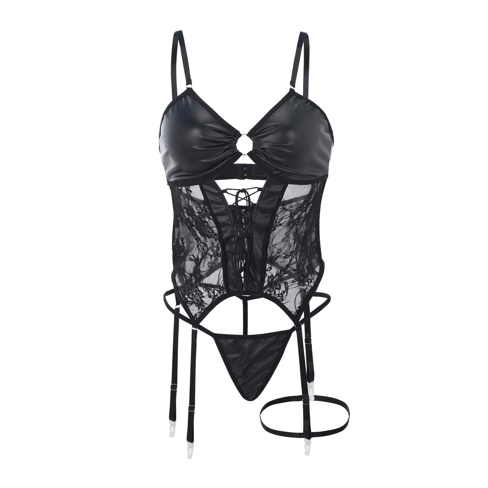 Hanzidakd Black Leather Lingerie Lingerie For Women 3 Pc Leather Teddy