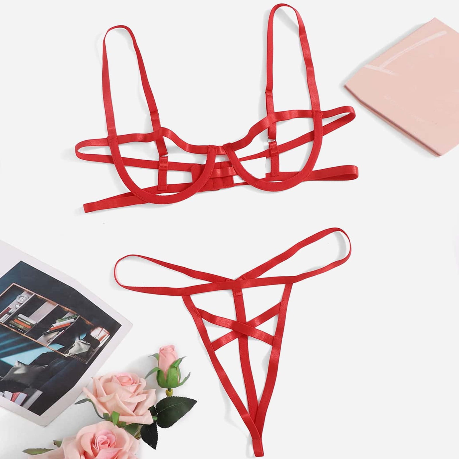 Hanzidakd Lingerie Set Women Slim Decor Cut Out Underwire Lingerie Set