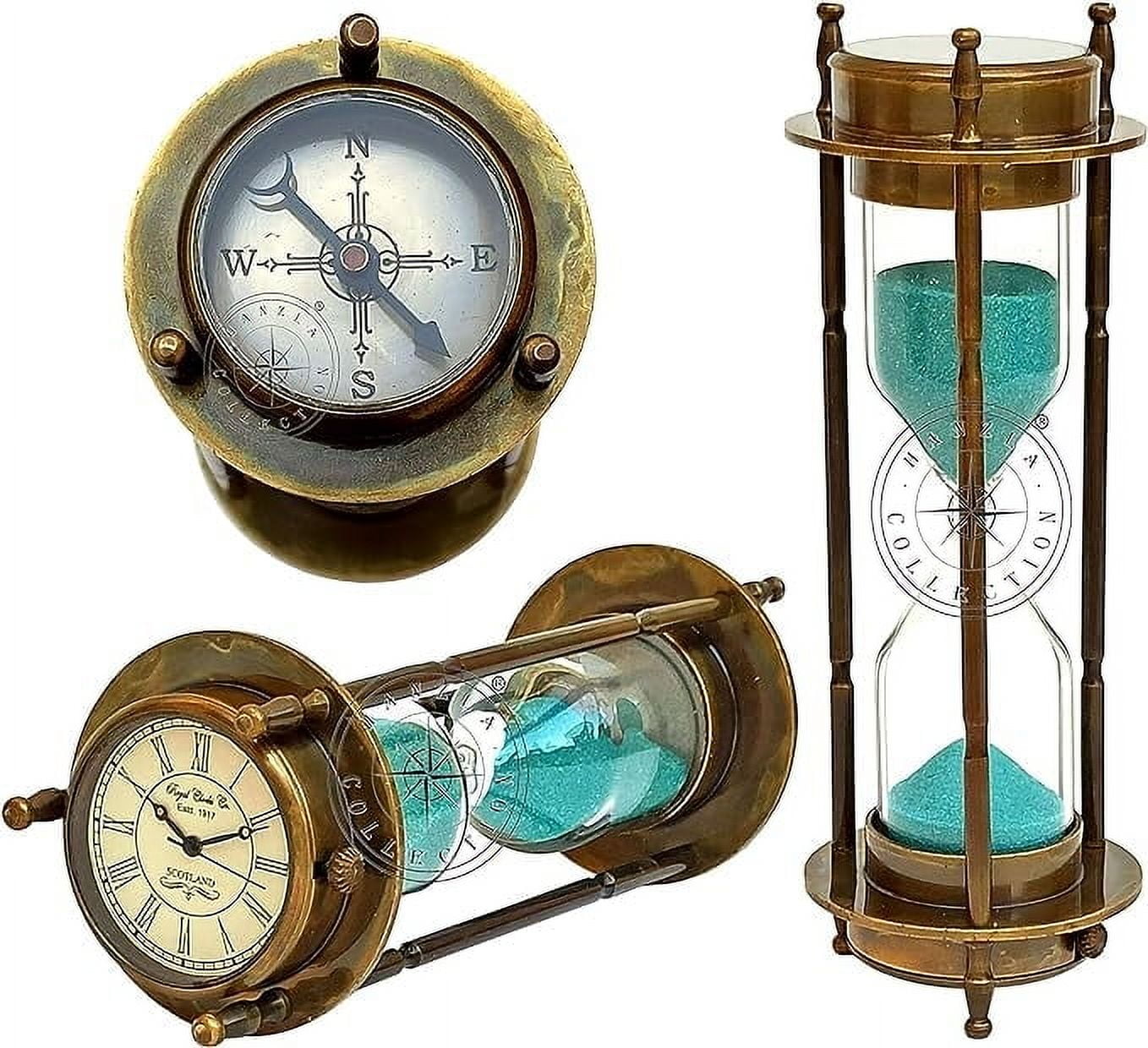 Hanzla Collection Marine Antique Brass Compass Hourglass Nautical Maritime Sand Timer & Desk ...