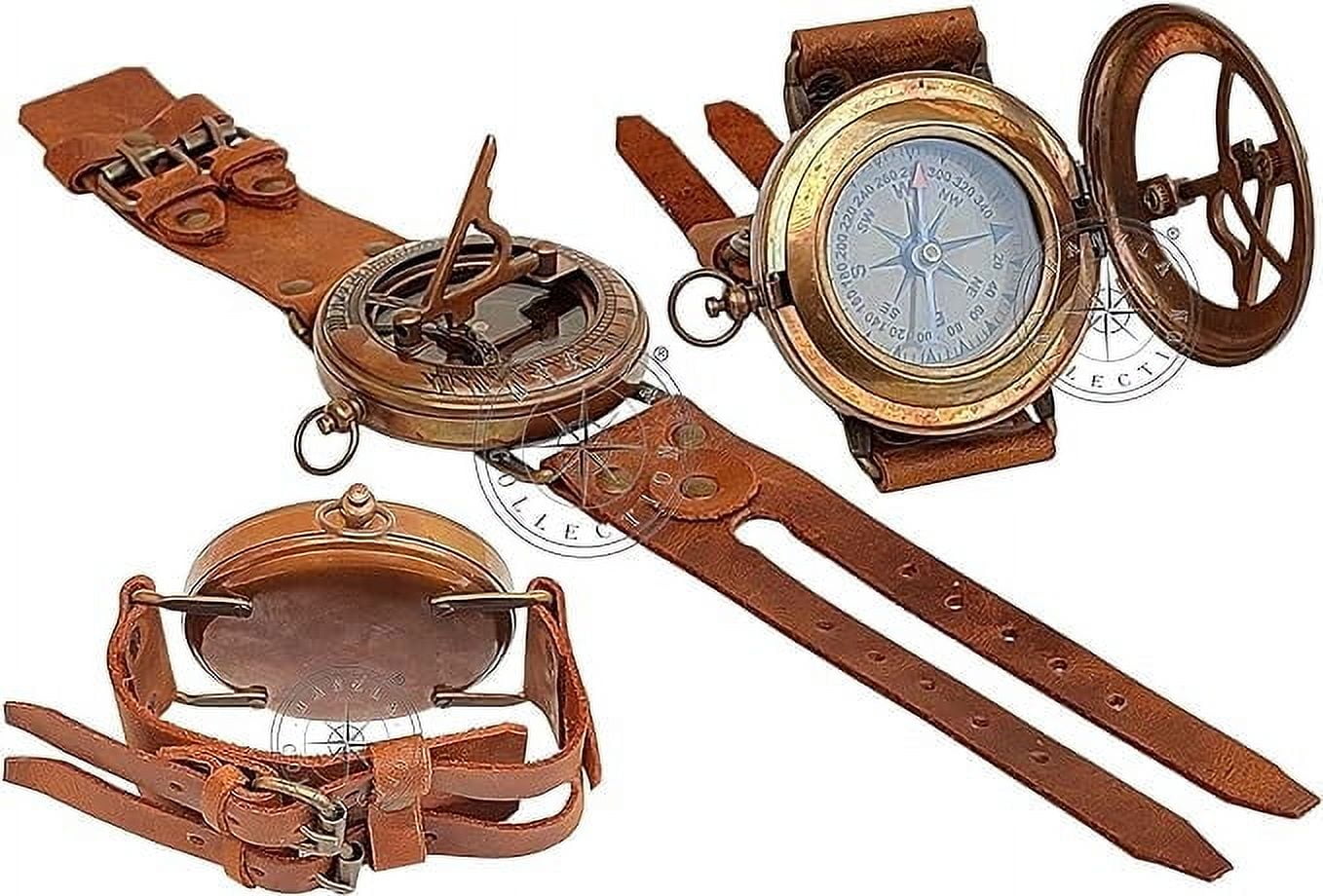 Hanzla Collection Steampunk Brass Sundial Compass Handmade Leather Band ...