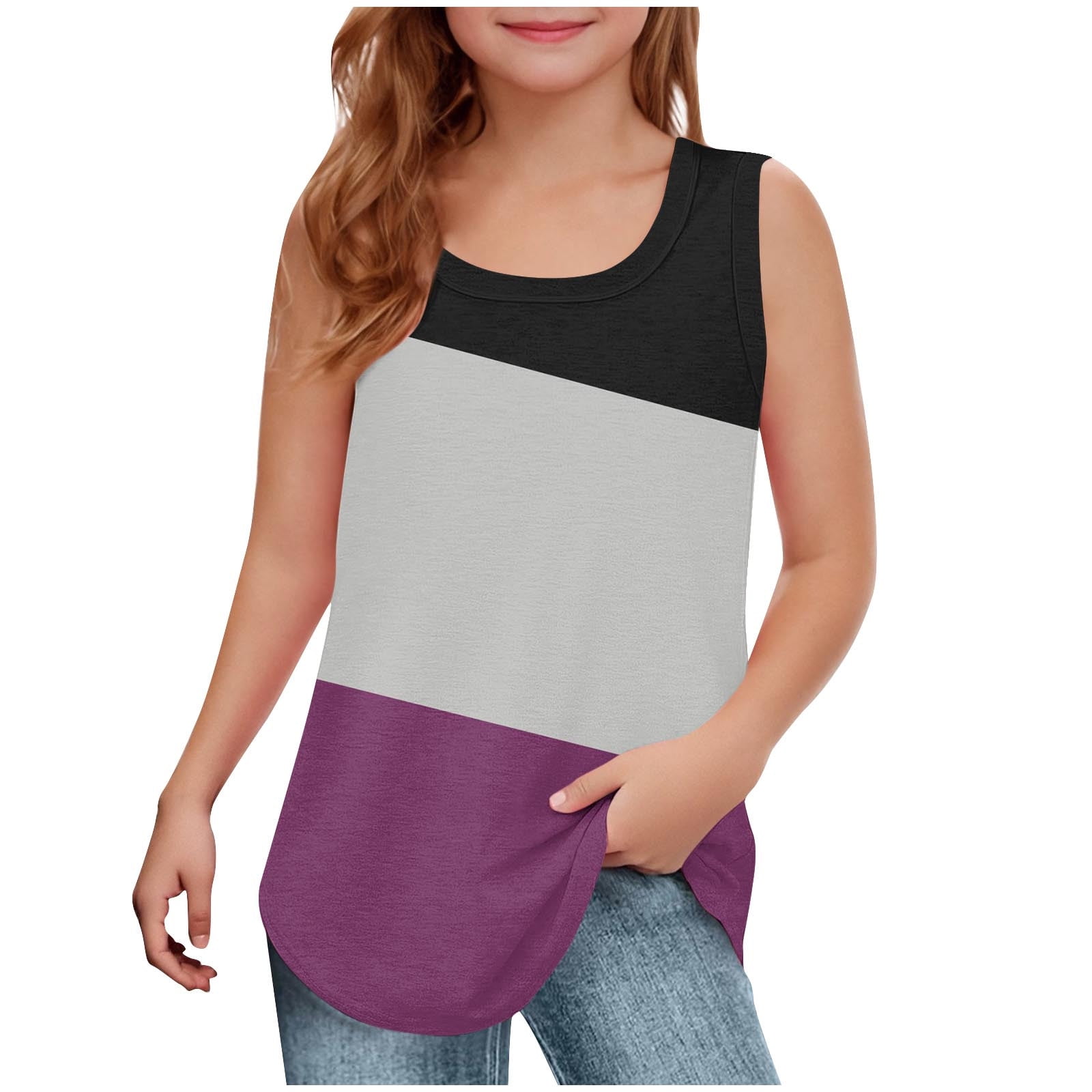HaoTouZe Girl's Striped Crew Neck Tank Tops Casual Sleeveless Summer ...