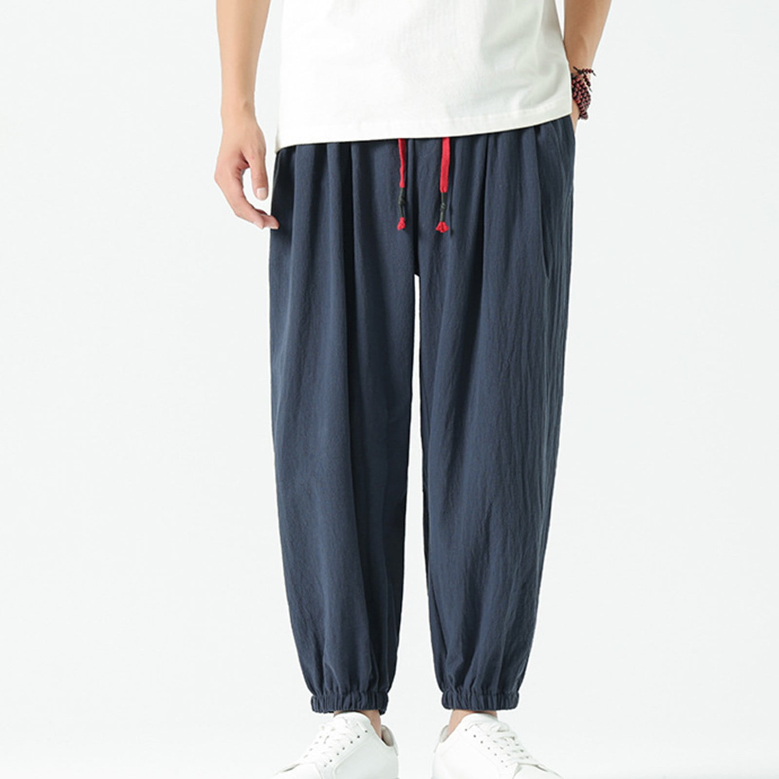 HaoXianJian Men's Cotton Linen Pants Elastic Waist Cropped Trousers ...