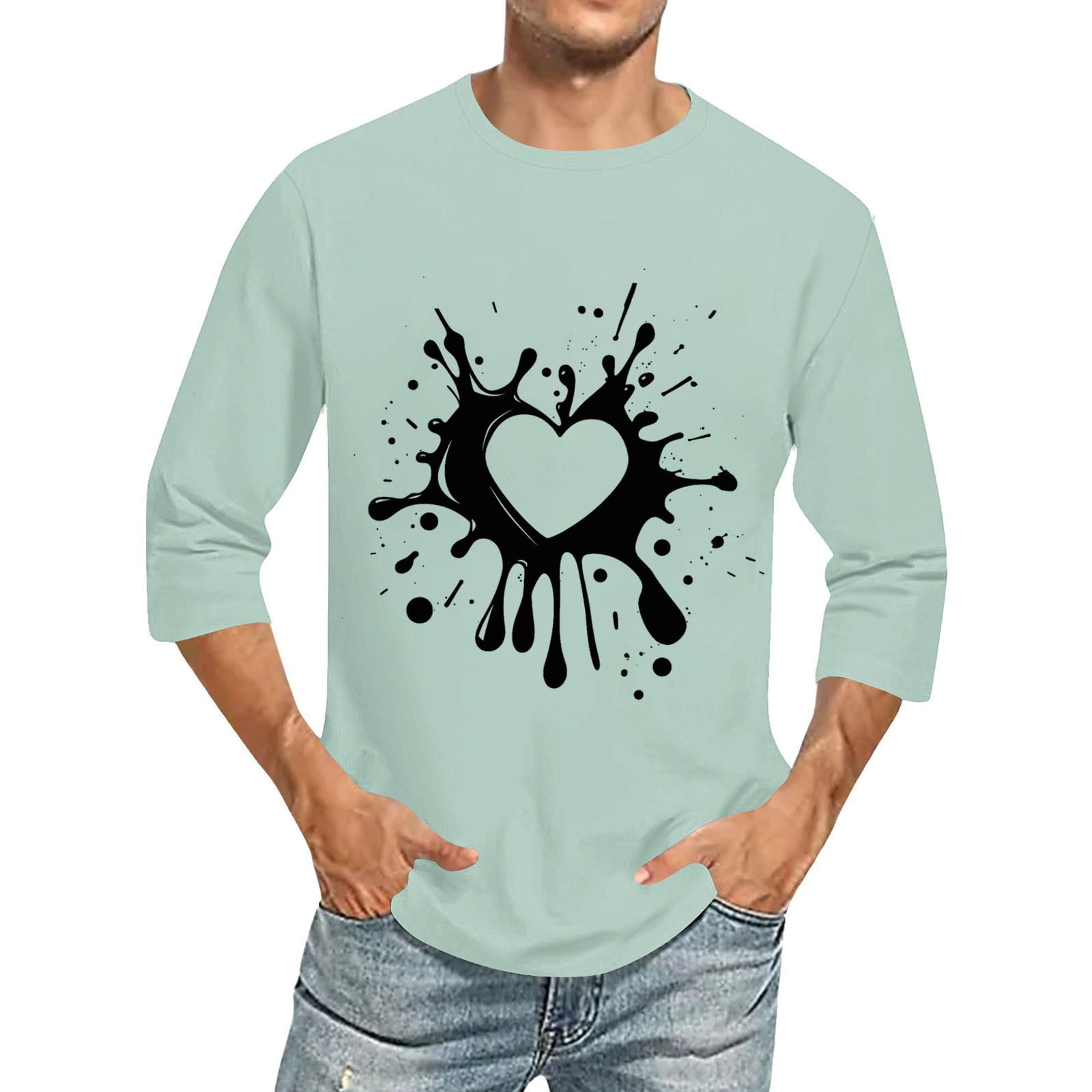 HaoXianJian Mens Heart Print Graphic Tees 3/4 Sleeve Tops Casual T ...