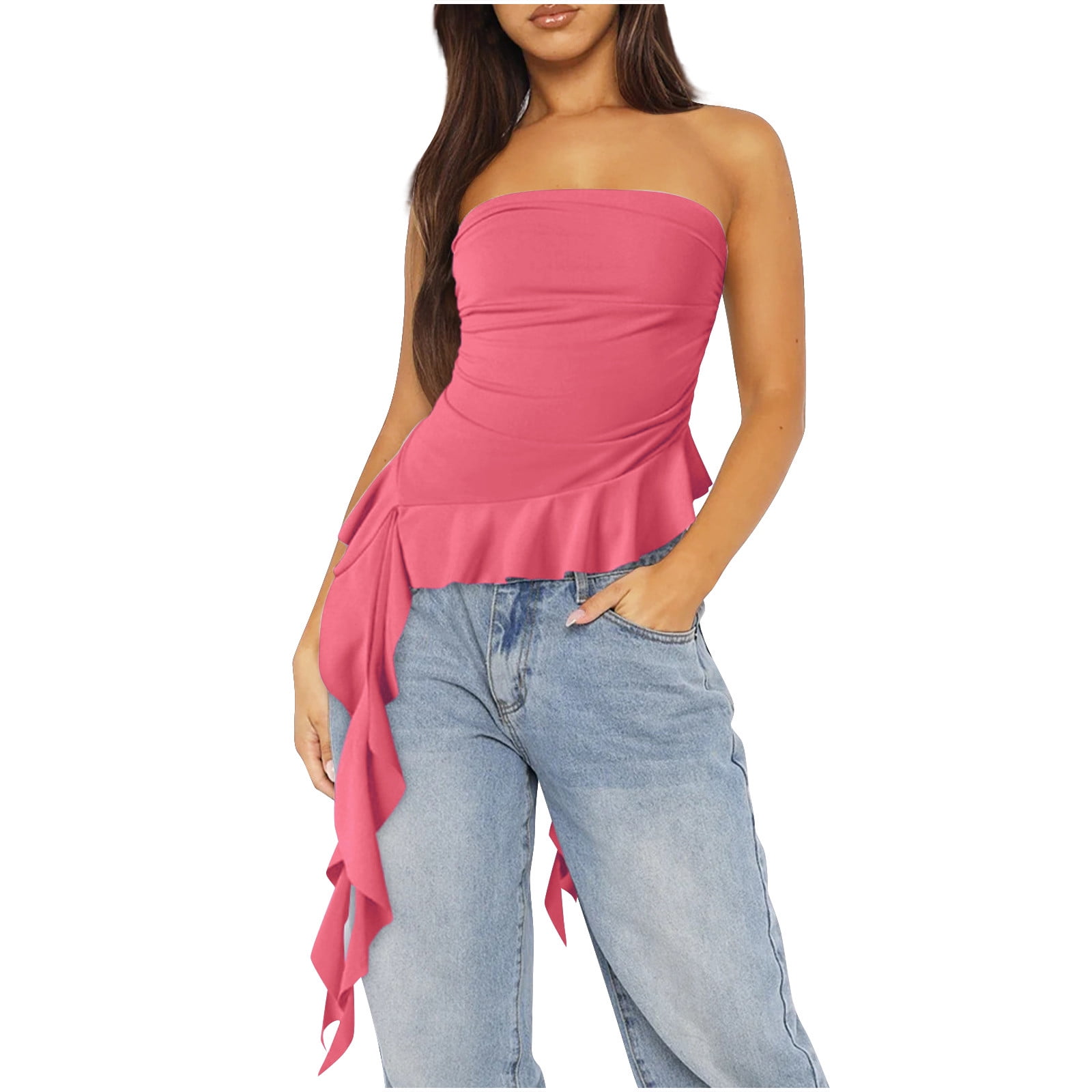 HaoXianJian Women Strapless Top Ruffled Asymmetrical Hem Tube Top ...
