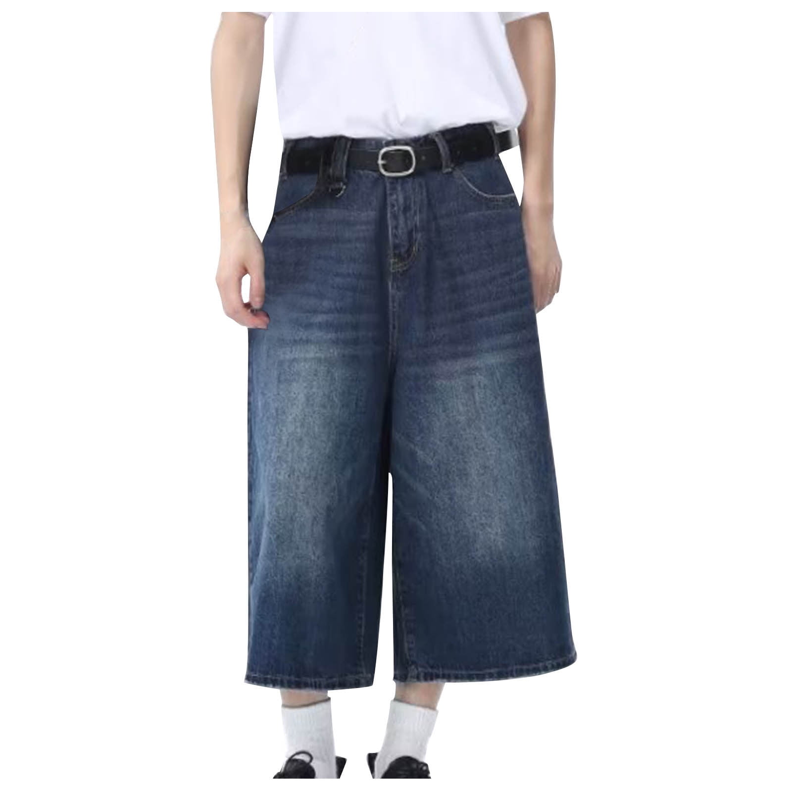 HaoXianJian Women's Casual Long Jean Shorts Wide High Waisted Straight ...