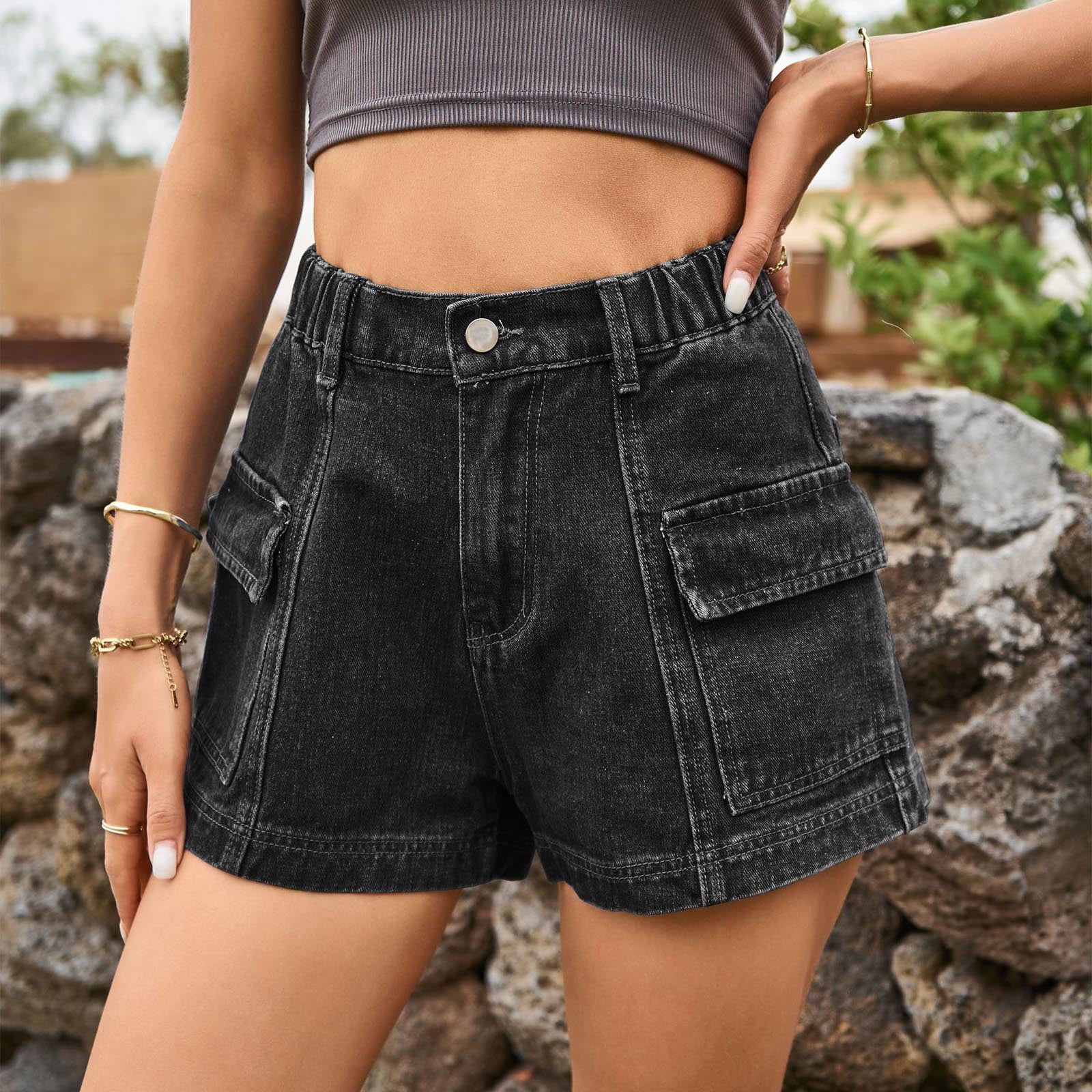 HaoXianJian Women's Stretchy Cargo Short Jeans Shorts with Pockets ...