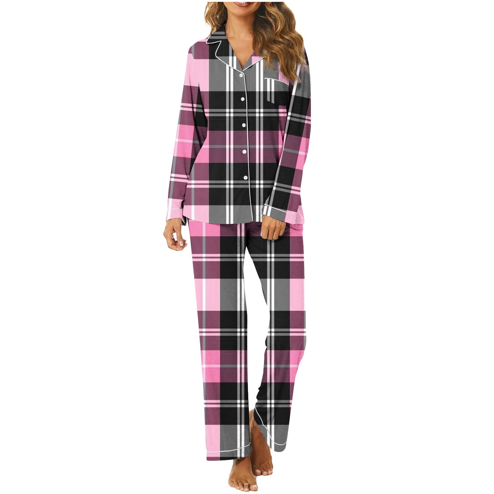 HaoXianJian Womens Pajamas sets Button Up Top Pant Sleepwear with Plaid ...